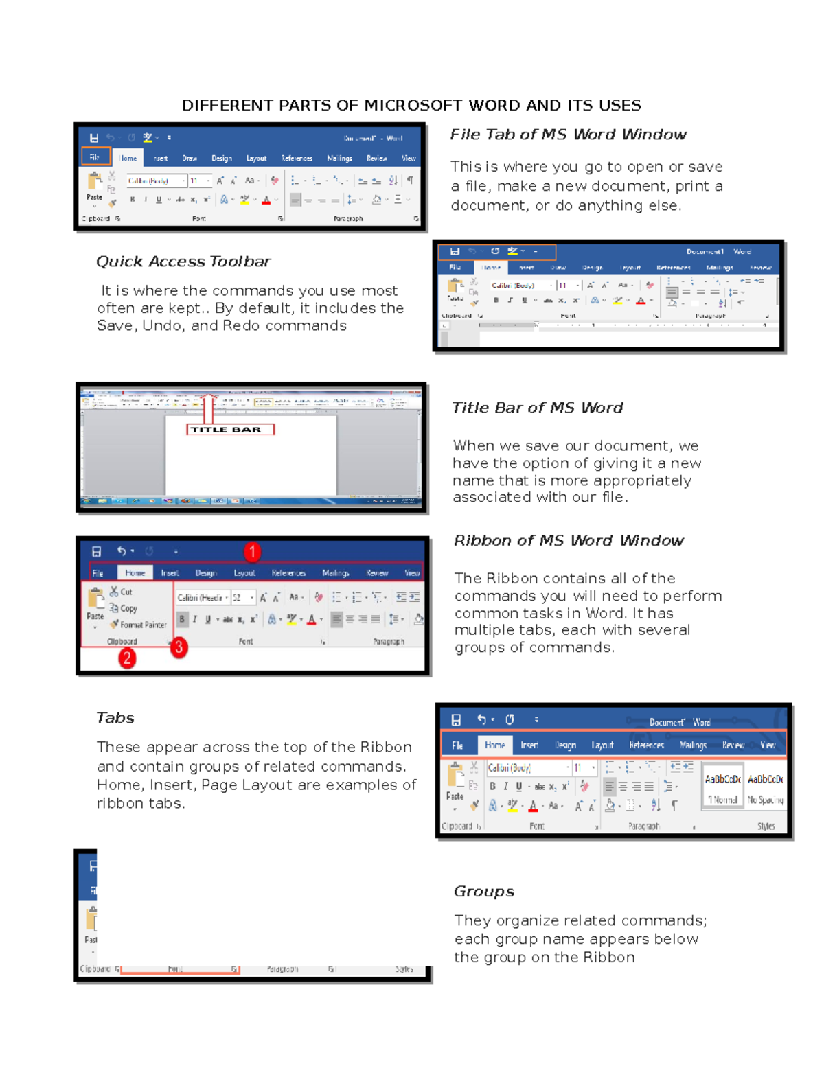 Diff. parts of microsoft - DIFFERENT PARTS OF MICROSOFT WORD AND ITS ...