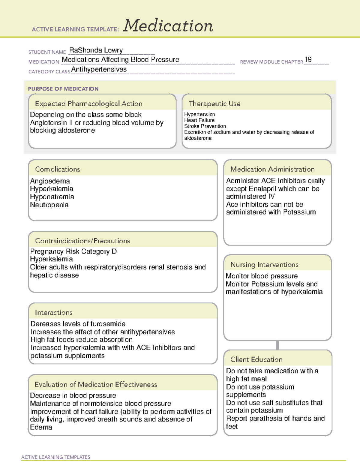 Antihypertensives - ATI template - ACTIVE LEARNING TEMPLATES Medication ...