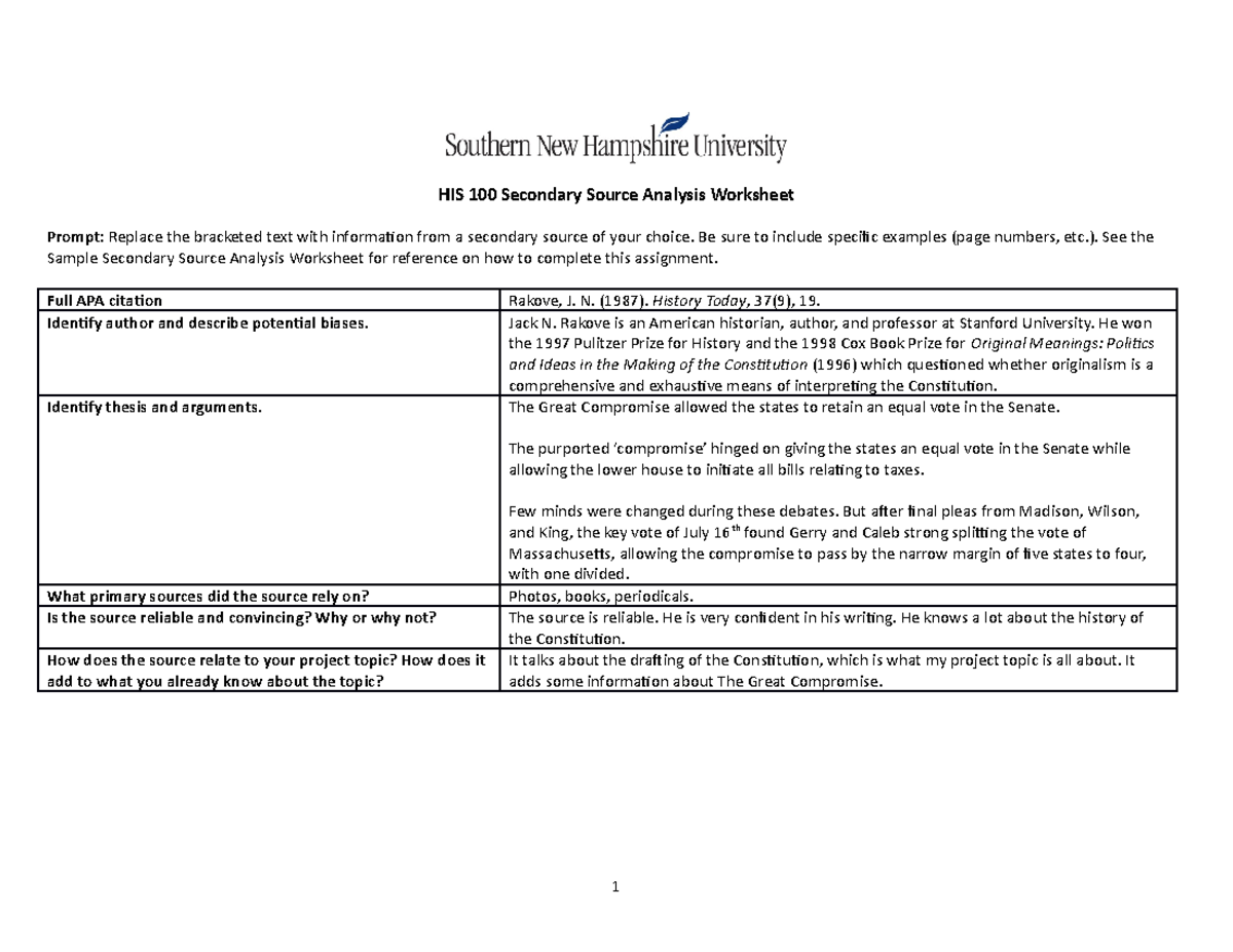 HIS 100 Secondary Source Analysis Worksheet - HIS 100 Secondary Source ...