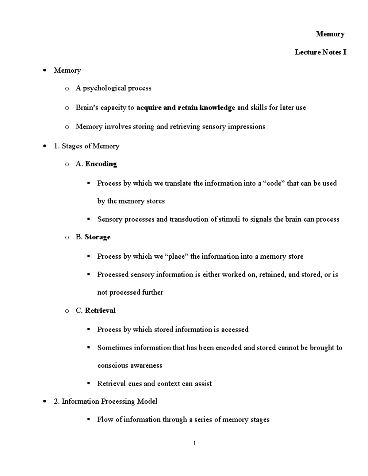 2021 Psyc 1100 Memory Lecture Notes I Memory Lecture Notes I Memory O
