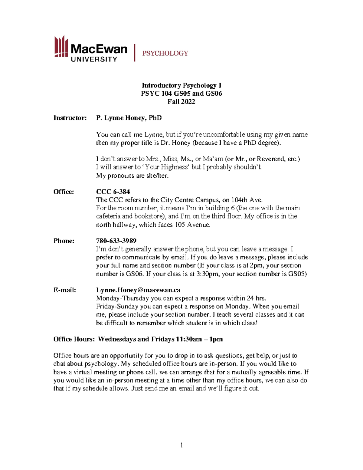 Course outline - This is the introduction - Introductory Psychology I ...