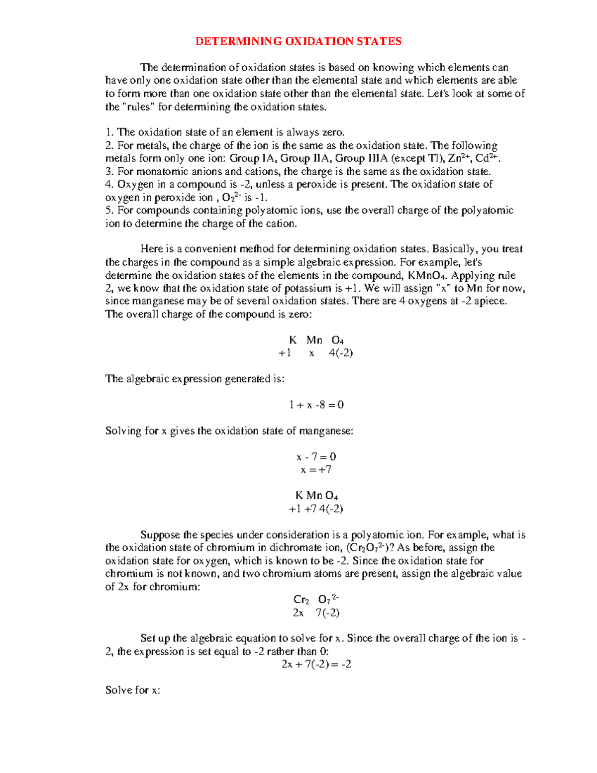 Determining Oxydation State - DETERMINING OXIDATION STATES The ...