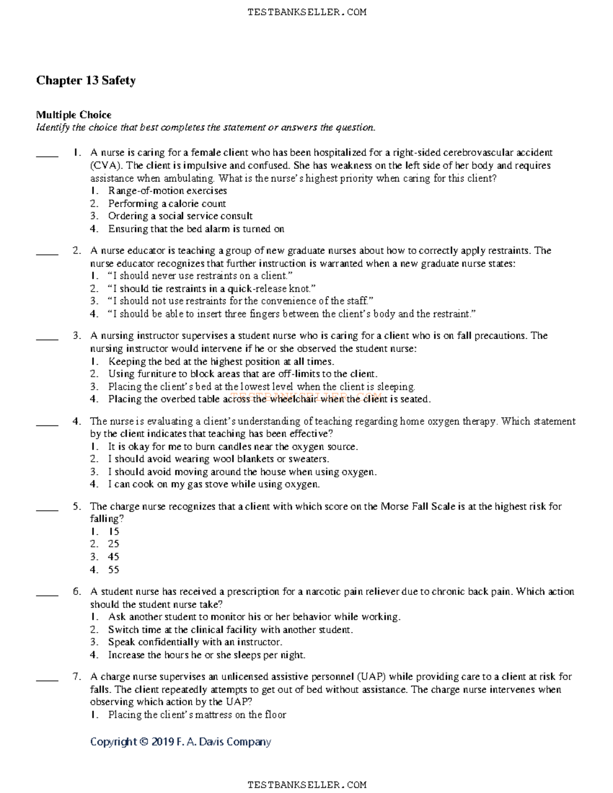 Ch13 - safety - TESTBANKSELLER Copyright © 2019 F. A. Davis Company ...