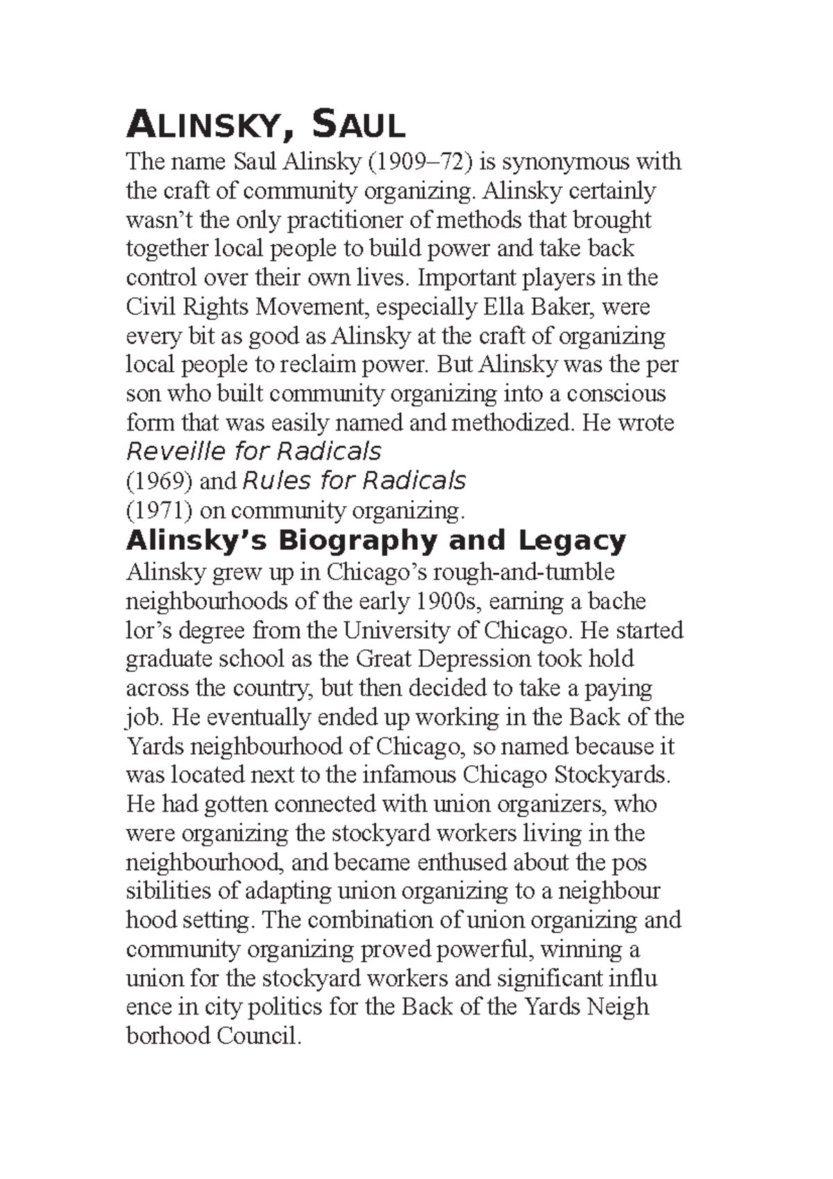 The Alinsky Model of Community Organization - ALINSKY, SAUL The name ...