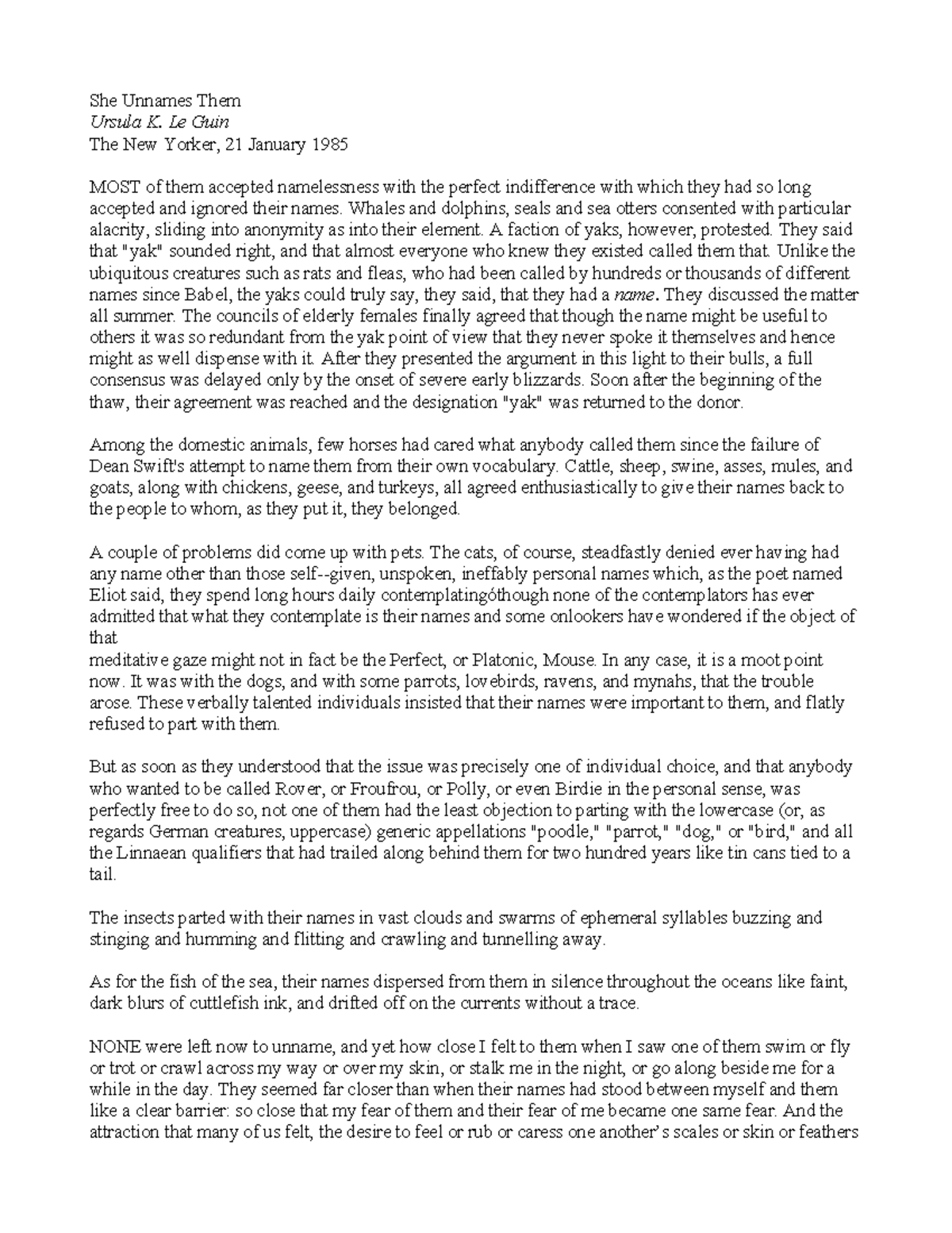 Le Guin She Unnames Them - She Unnames Them Ursula K. Le Guin The New ...