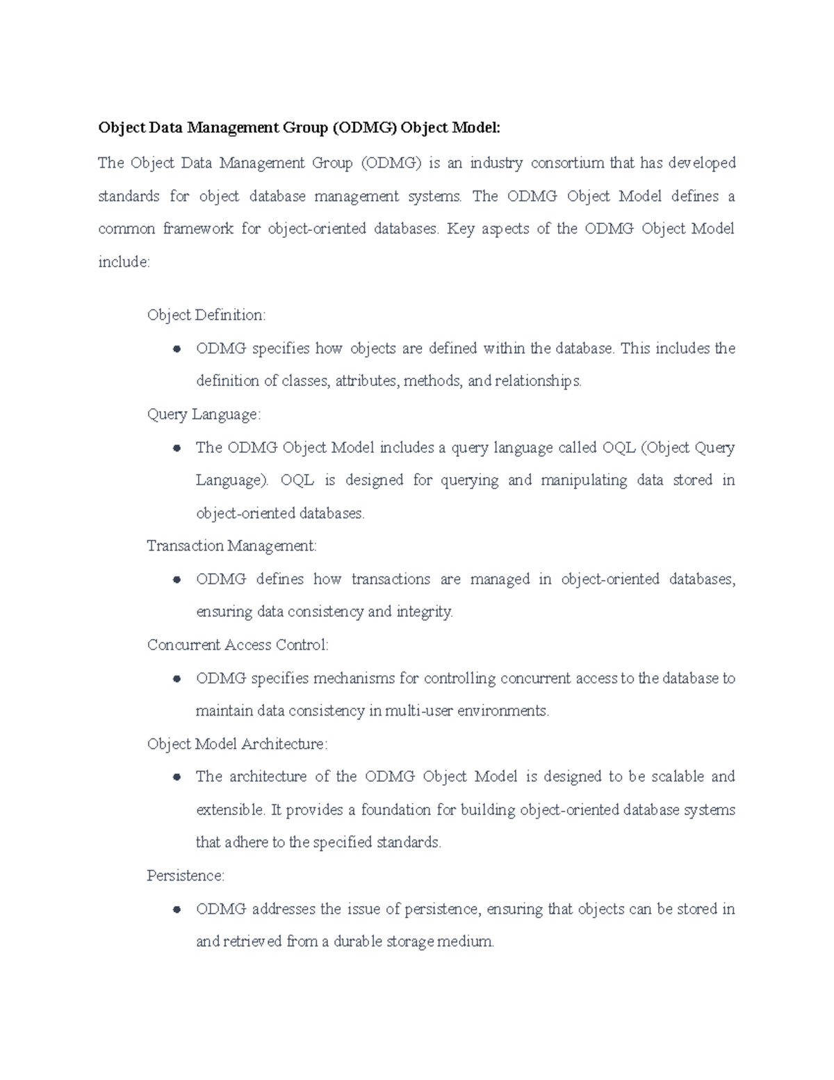 Unit X DBMS Advancments - Object Data Management Group (ODMG) Object ...