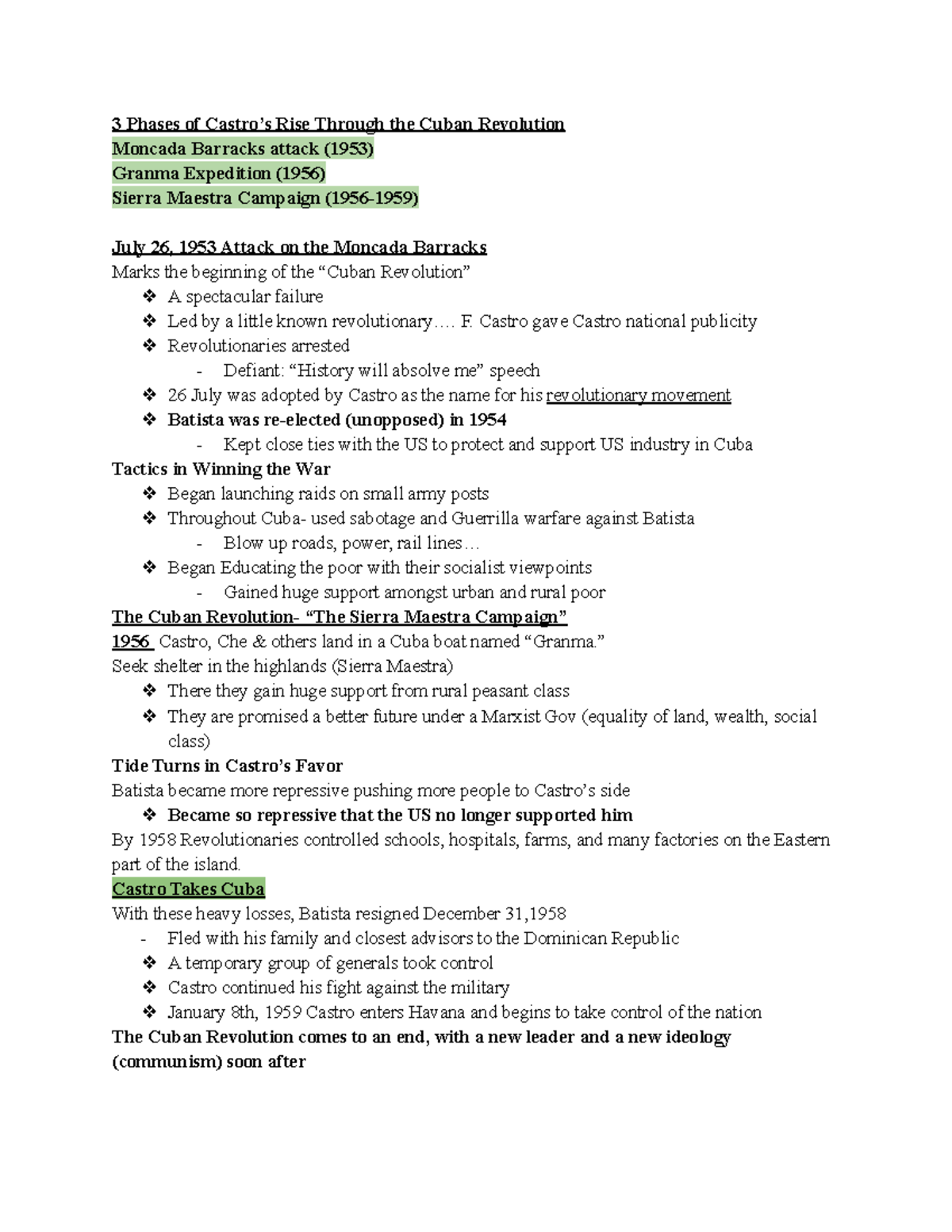 Castro notes - 3 Phases of Castro’s Rise Through the Cuban Revolution ...