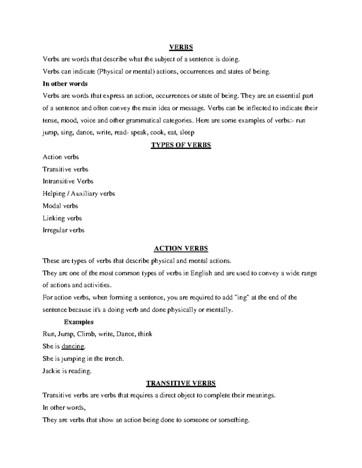 Verbs 1 - Summarize - VERBS Verbs are words that describe what the ...