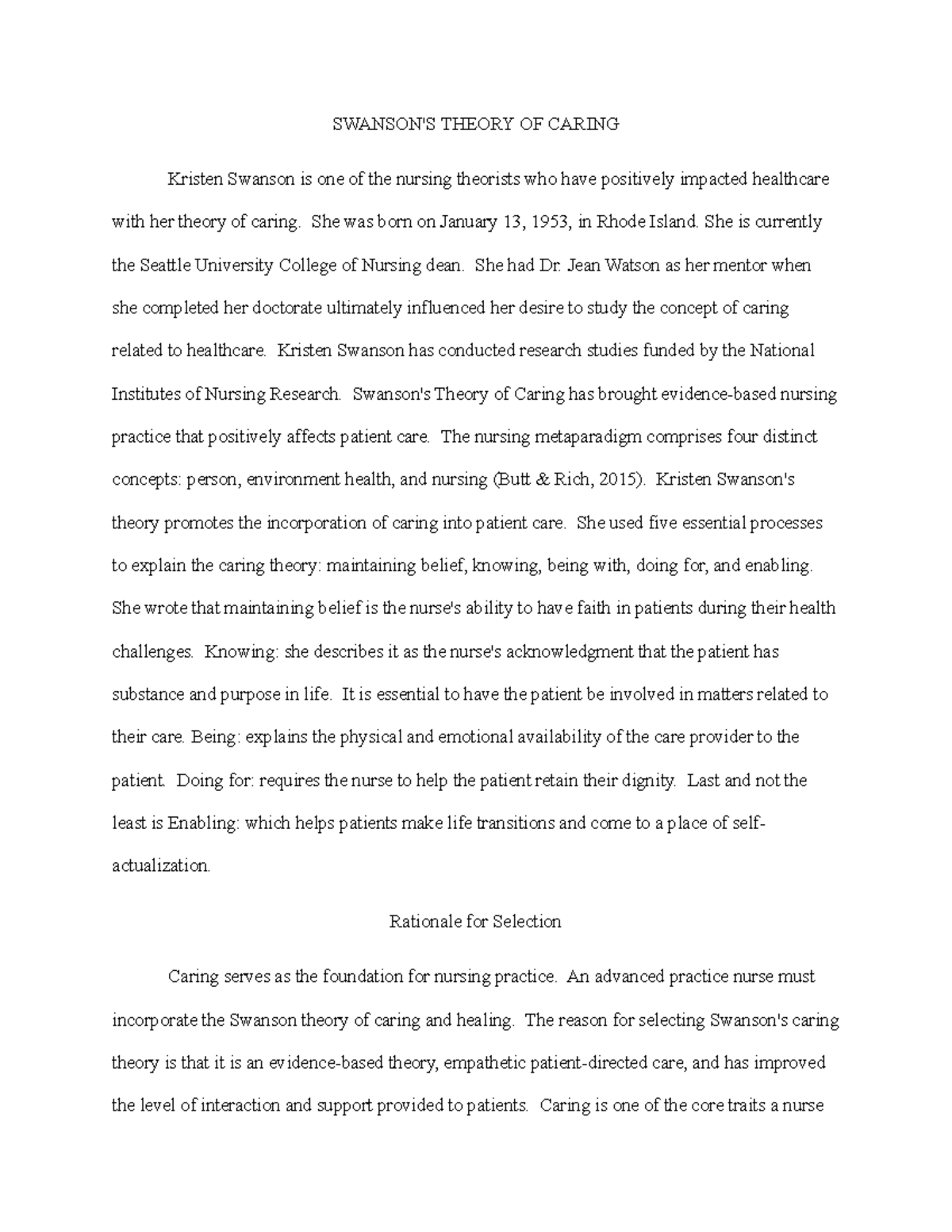 Kristen Swanson Theory - SWANSON'S THEORY OF CARING Kristen Swanson is ...