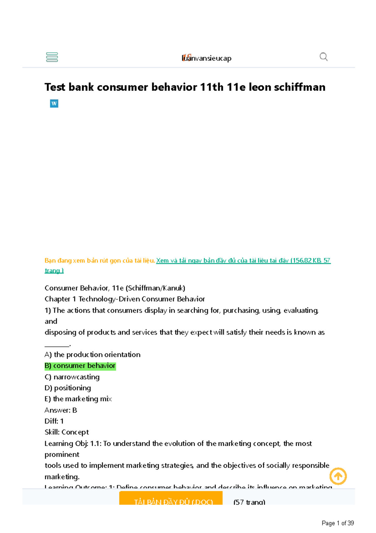Ch 1 test bank - Consumer behavior - Trang chủ >> Kinh Doanh ‐ Tiếp Thị ...