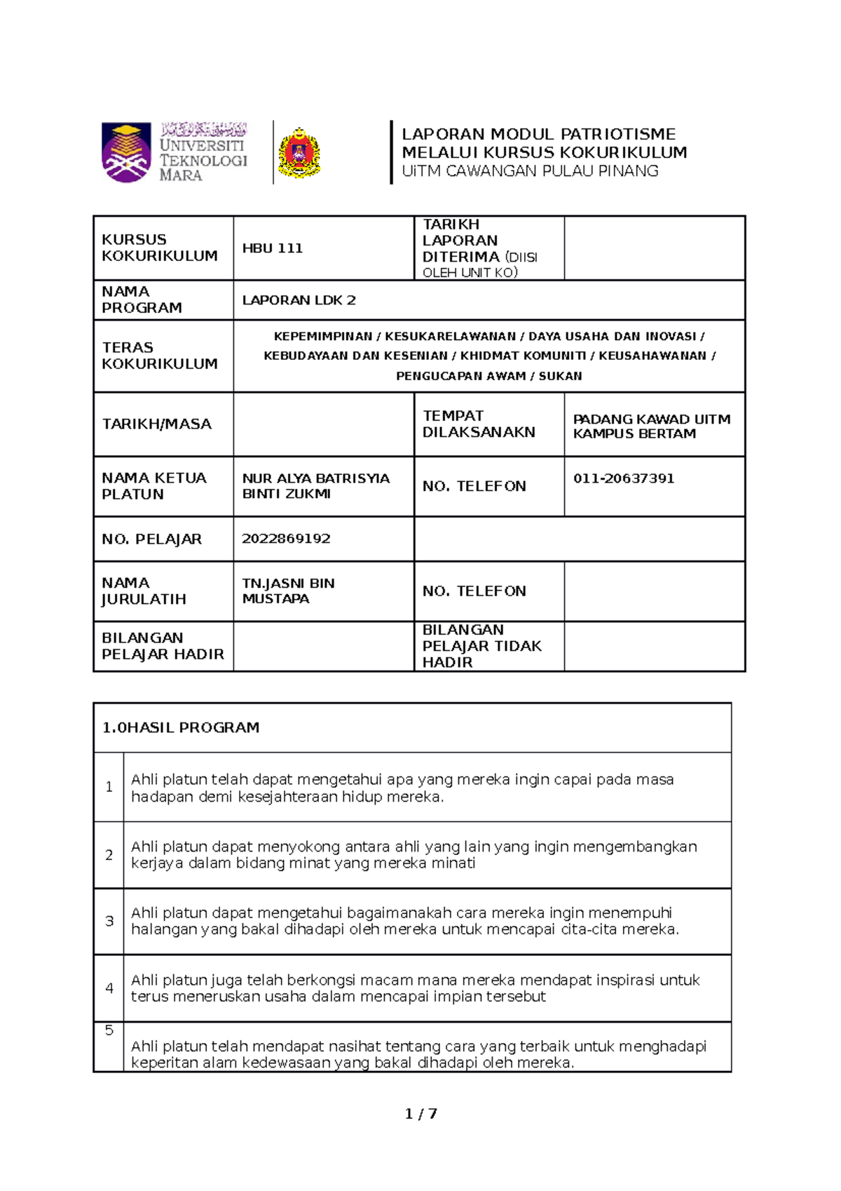 LDK 2 HBU111 - LAPORAN MODUL PATRIOTISME MELALUI KURSUS KOKURIKULUM ...