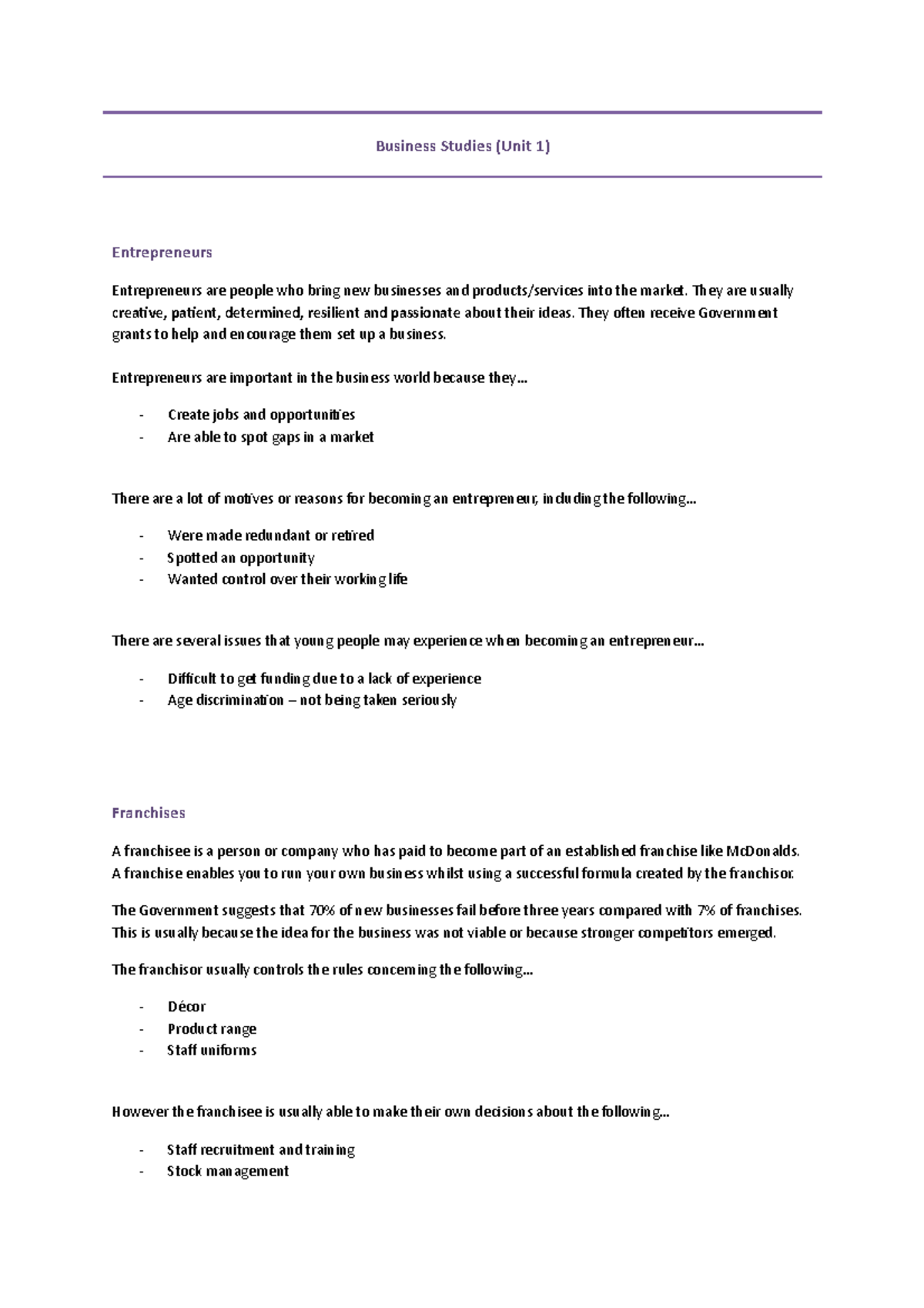 Business - 01 - Business Studies (Unit 1) Entrepreneurs Entrepreneurs ...