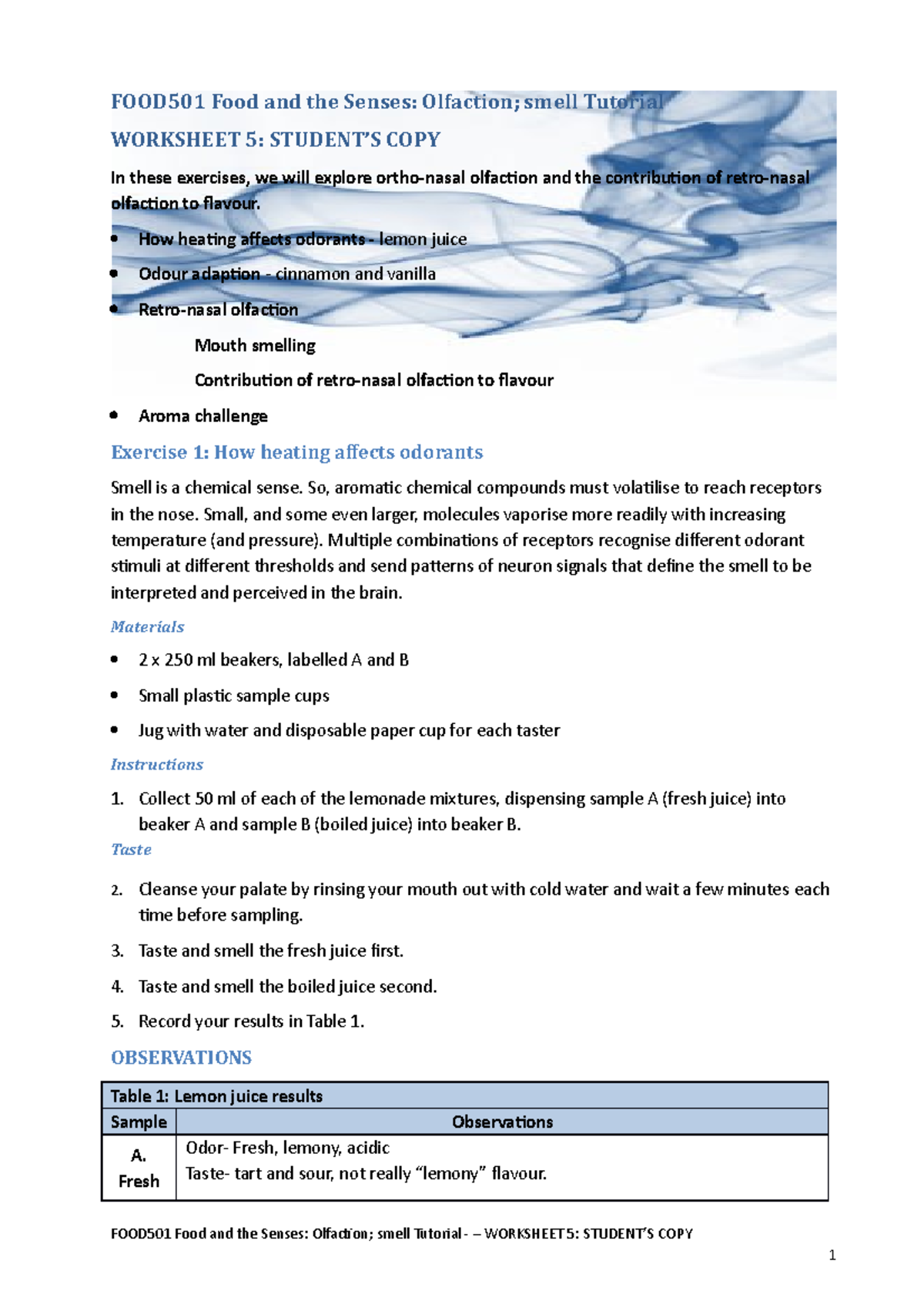 Food Senses 5 Smell - FOOD501 Food and the Senses: Olfaction; smell ...