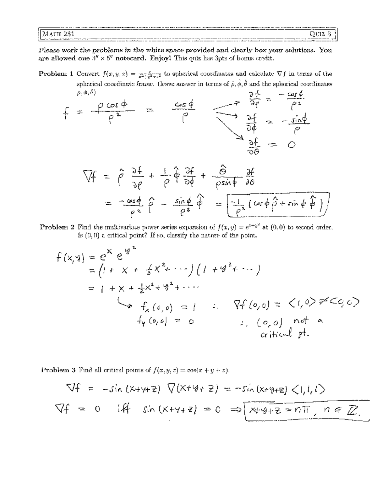 Calculus and Analytical Geometry III Quiz 3 soln - 231 QUIZ 3 Please ...
