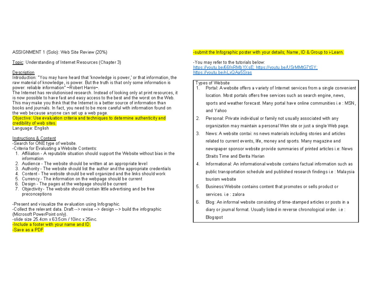 Imc407 assignment 1 draft 1 - ASSIGNMENT 1 (Solo): Web Site Review (20% ...