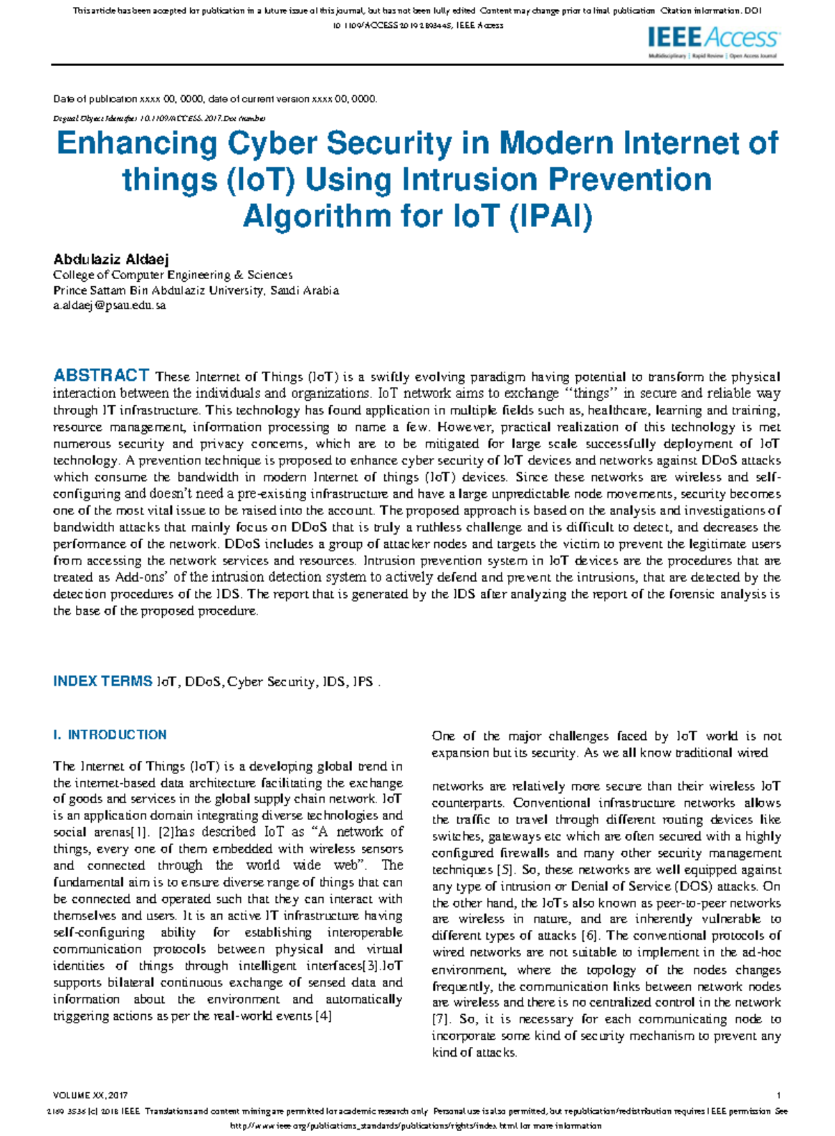 CyberSecurity in Internet of Things - 2169-3536 (c) 2018 IEEE ...