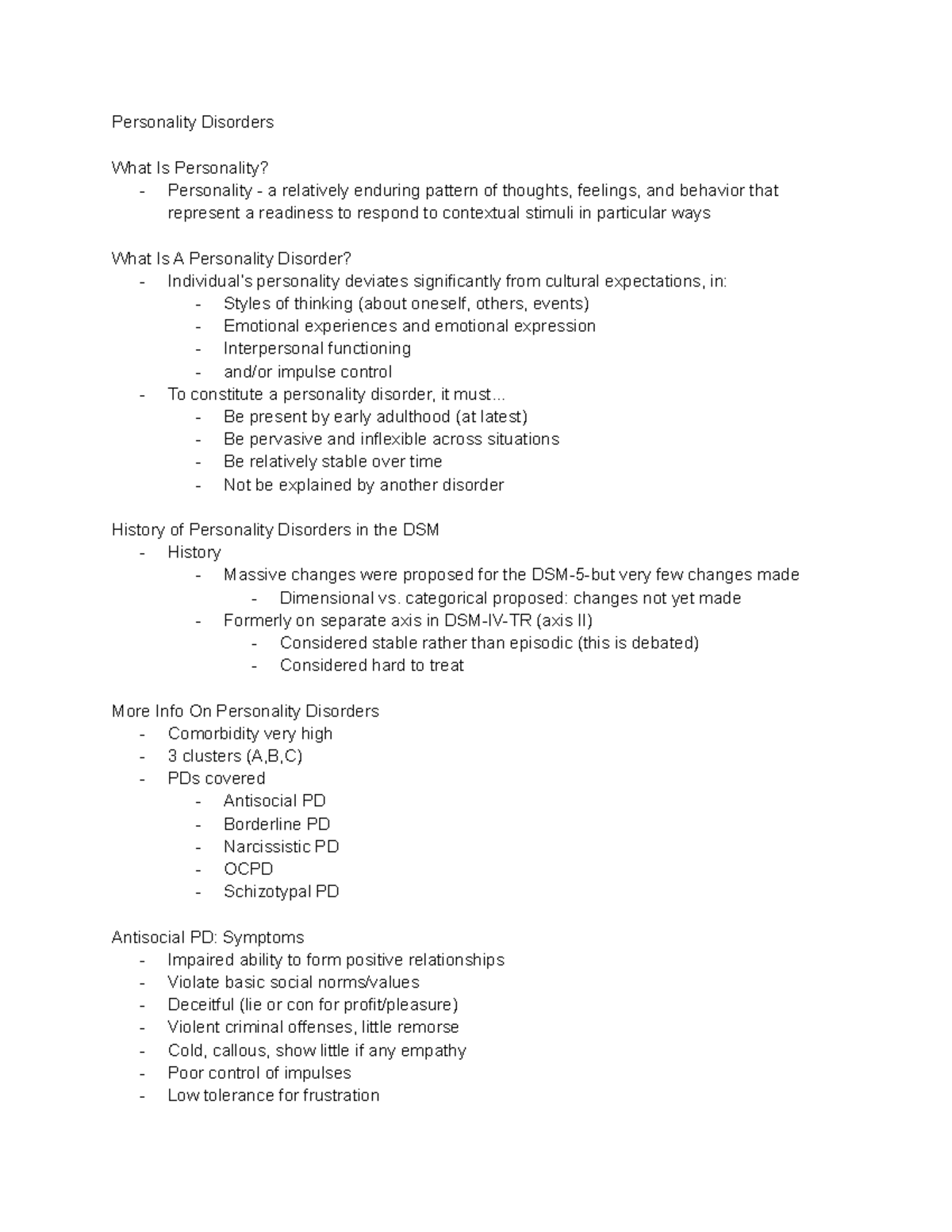 Personality Disorders - PSYC380 - UD - Studocu