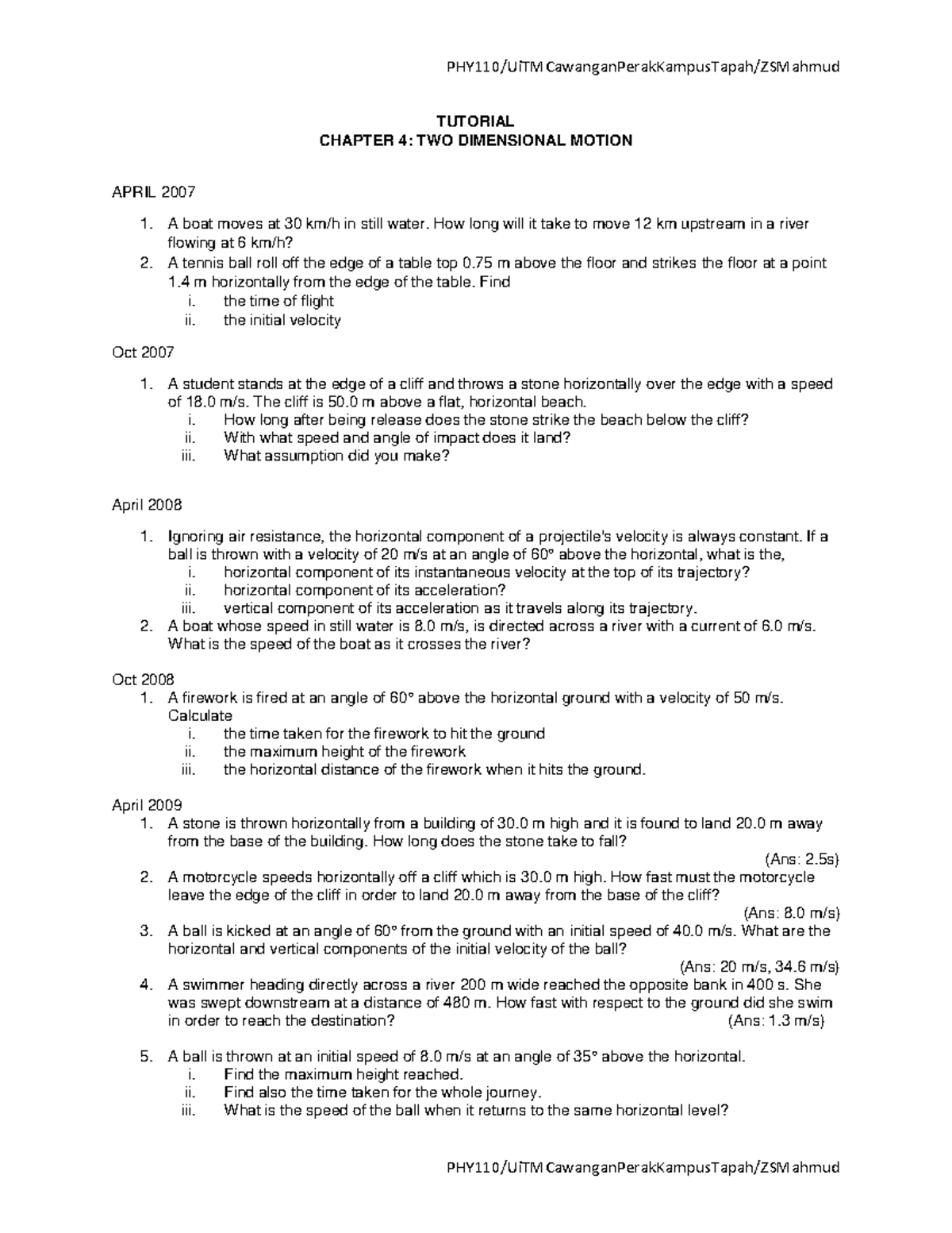 Tutorial Chapter 4 - good - TUTORIAL CHAPTER 4: TWO DIMENSIONAL MOTION ...