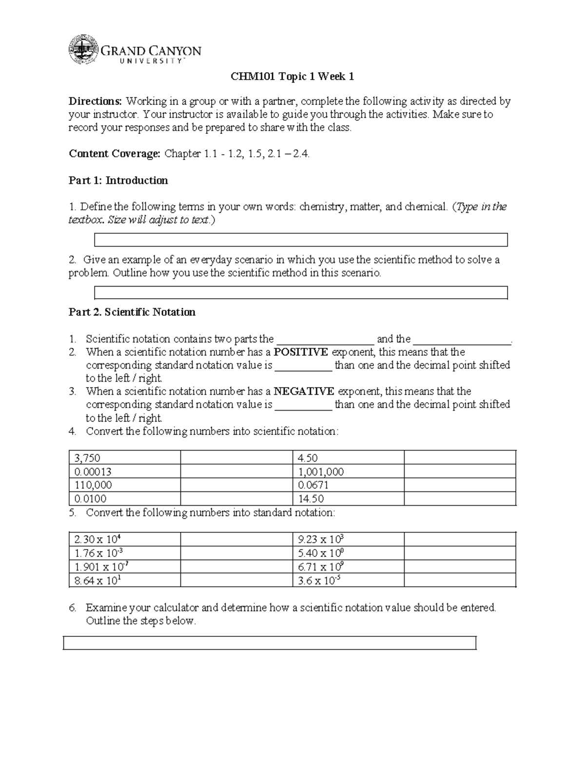CHM 101 Topic 1 Week 1 Worksheet - CHM101 Topic 1 Week 1 Directions ...