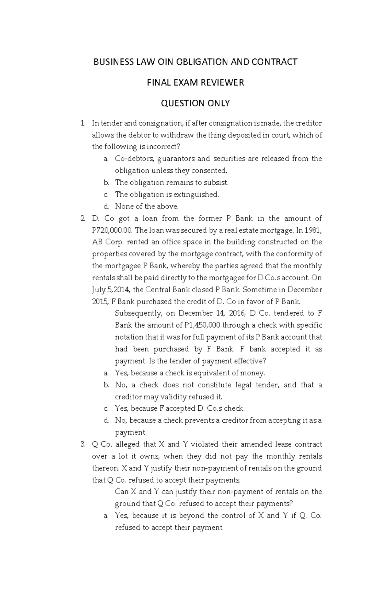 Oblicon Final EXAM Question Reviewer - BUSINESS LAW OIN OBLIGATION AND CONTRACT FINAL EXAM ...