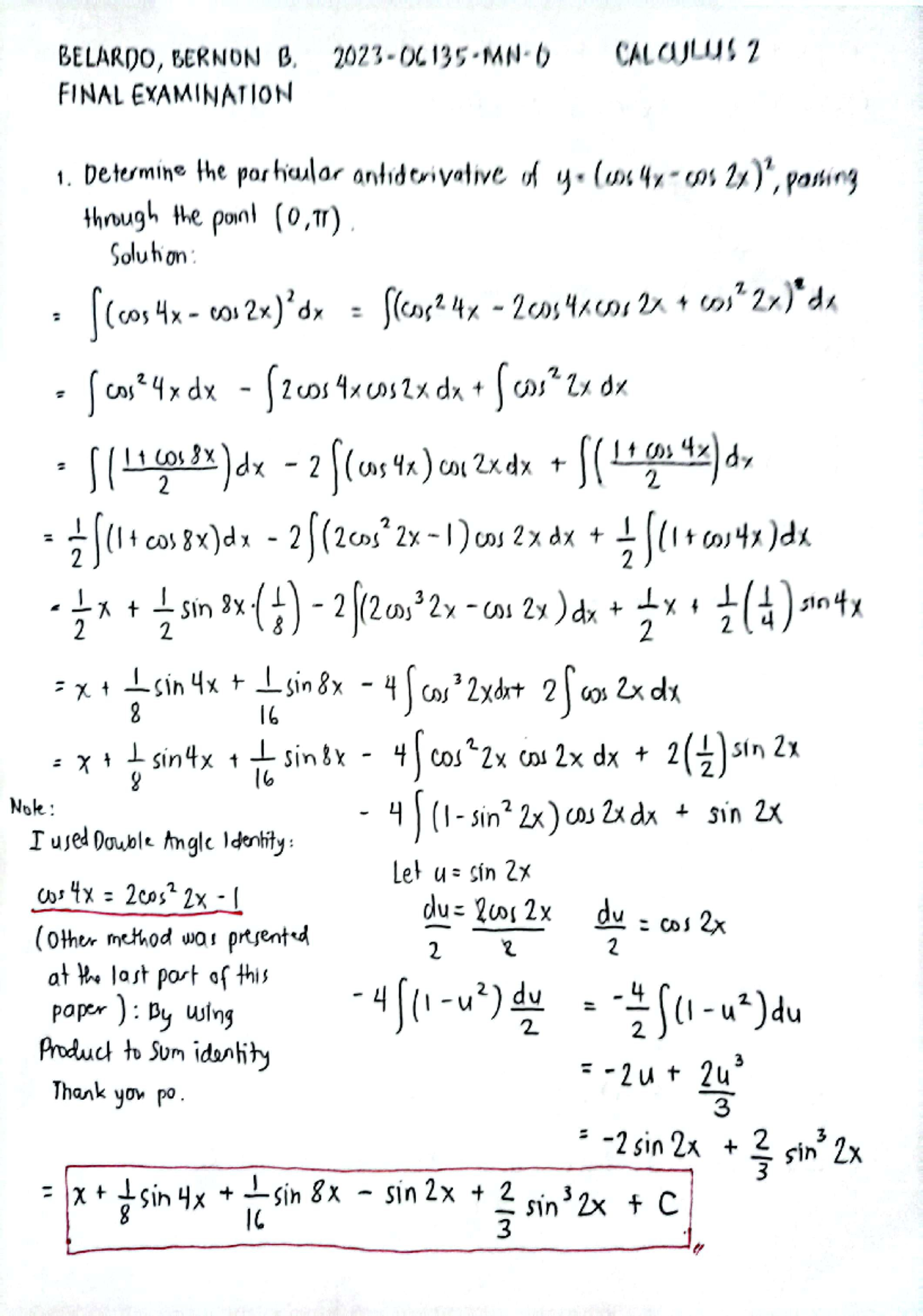 Final Exam-Integral Calculus - BELARDO, BERNON B. CALCULUS FINAL ...