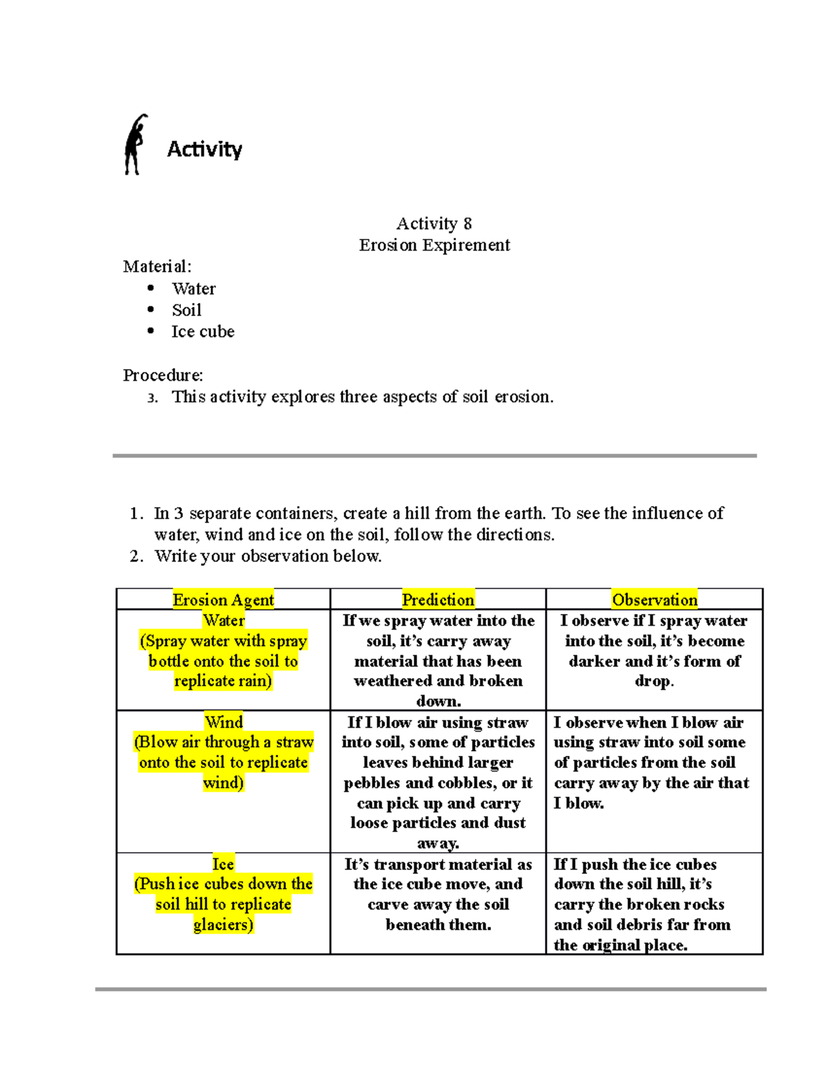 Science Erosion Activity - Activity 1. In 3 separate containers, create ...