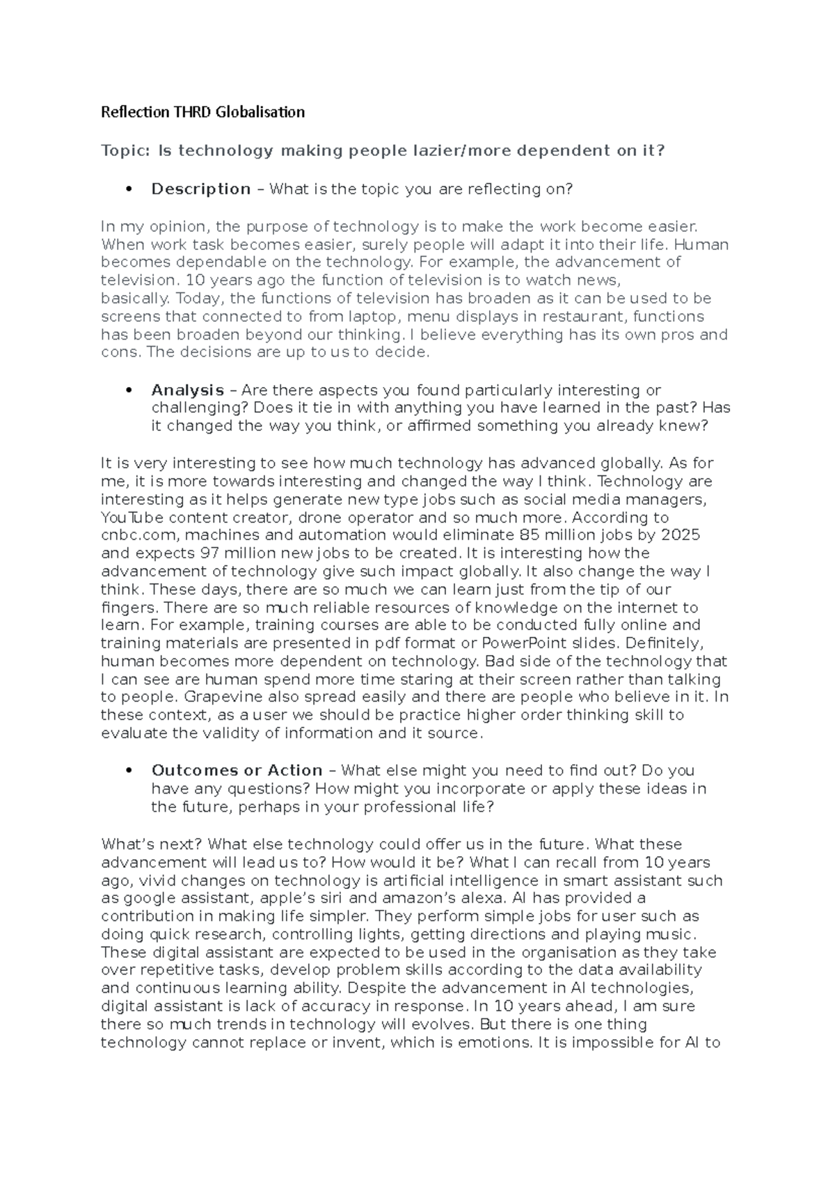 Reflection THRD Globalisation - Reflection THRD Globalisation Topic: Is ...