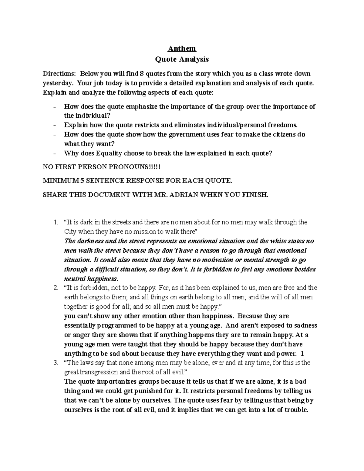 Anthem Quote Analysis - Anthem Quote Analysis Directions: Below you ...