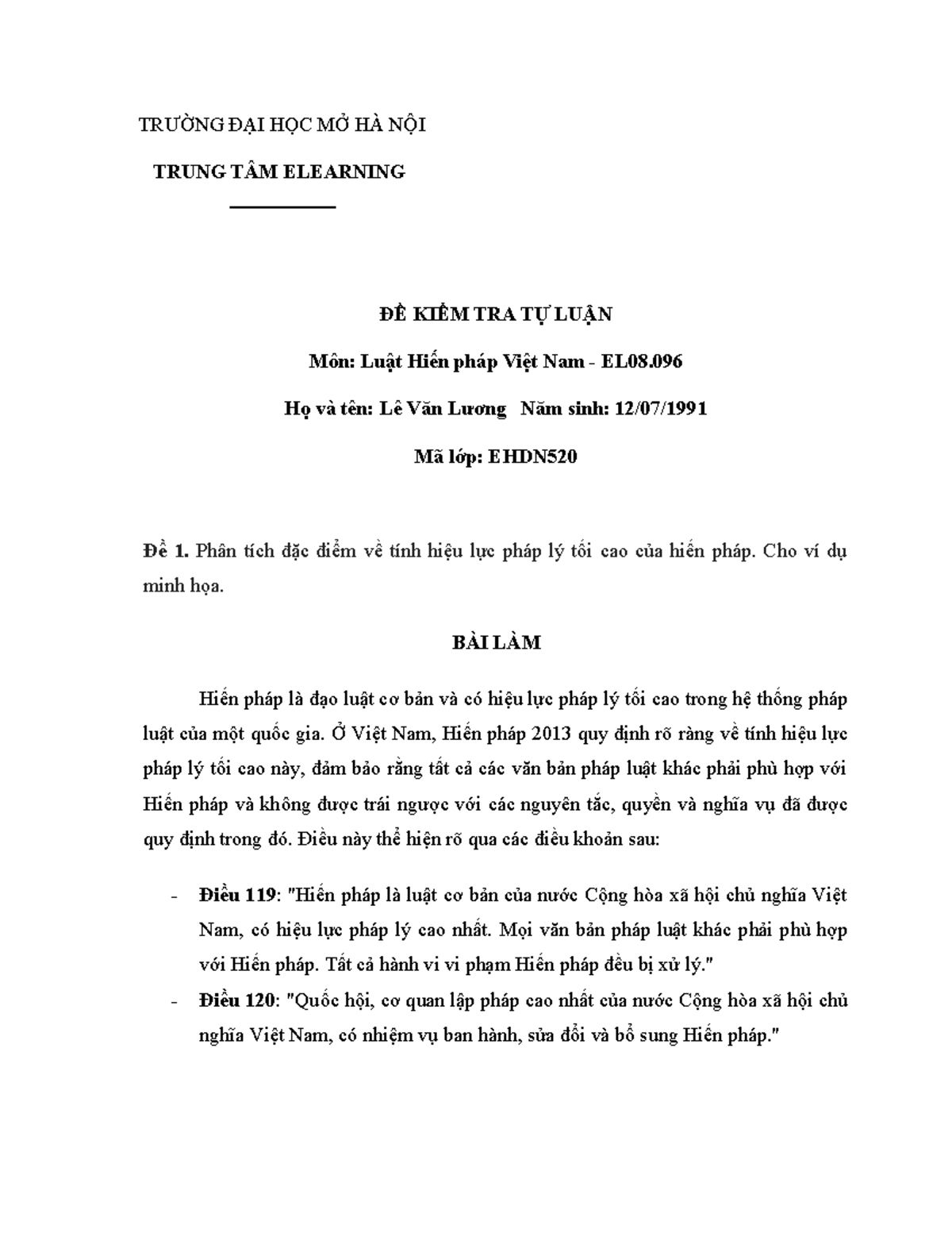 Bài tập tự luận Môn Luật Hiến Pháp EHOU - TRƯỜNG ĐẠI HỌC MỞ HÀ NÔ Ị ...