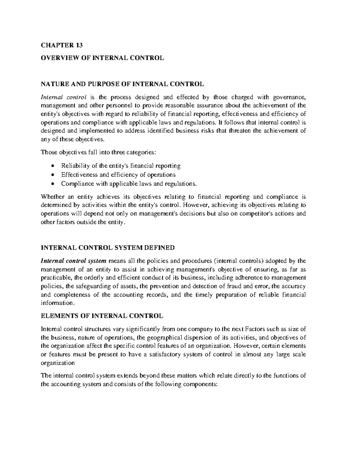Chapter 13-17 - fgfhh - CHAPTER 13 OVERVIEW OF INTERNAL CONTROL NATURE ...