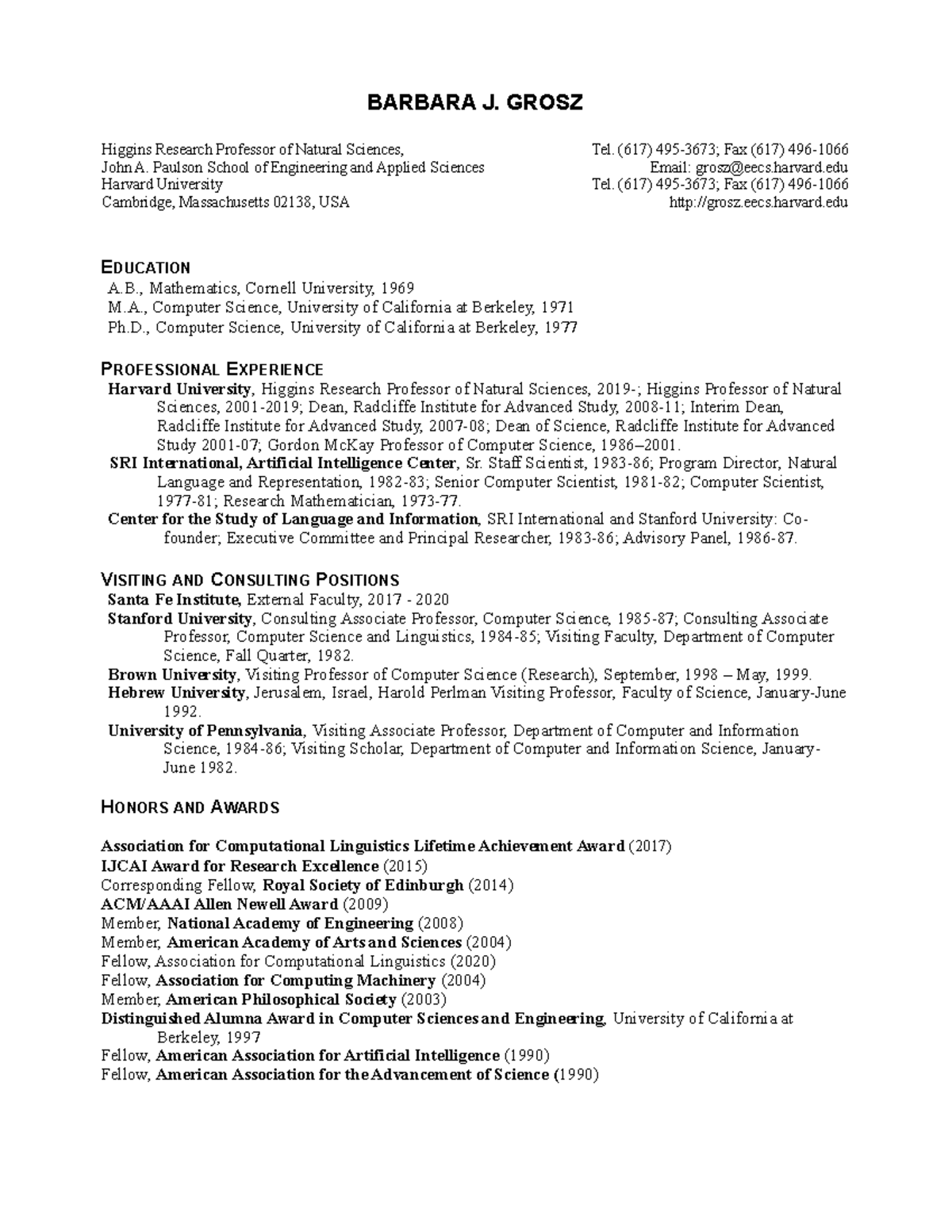 Barbara grosz cv fall2020 - BARBARA J. GROSZ Higgins Research Professor ...