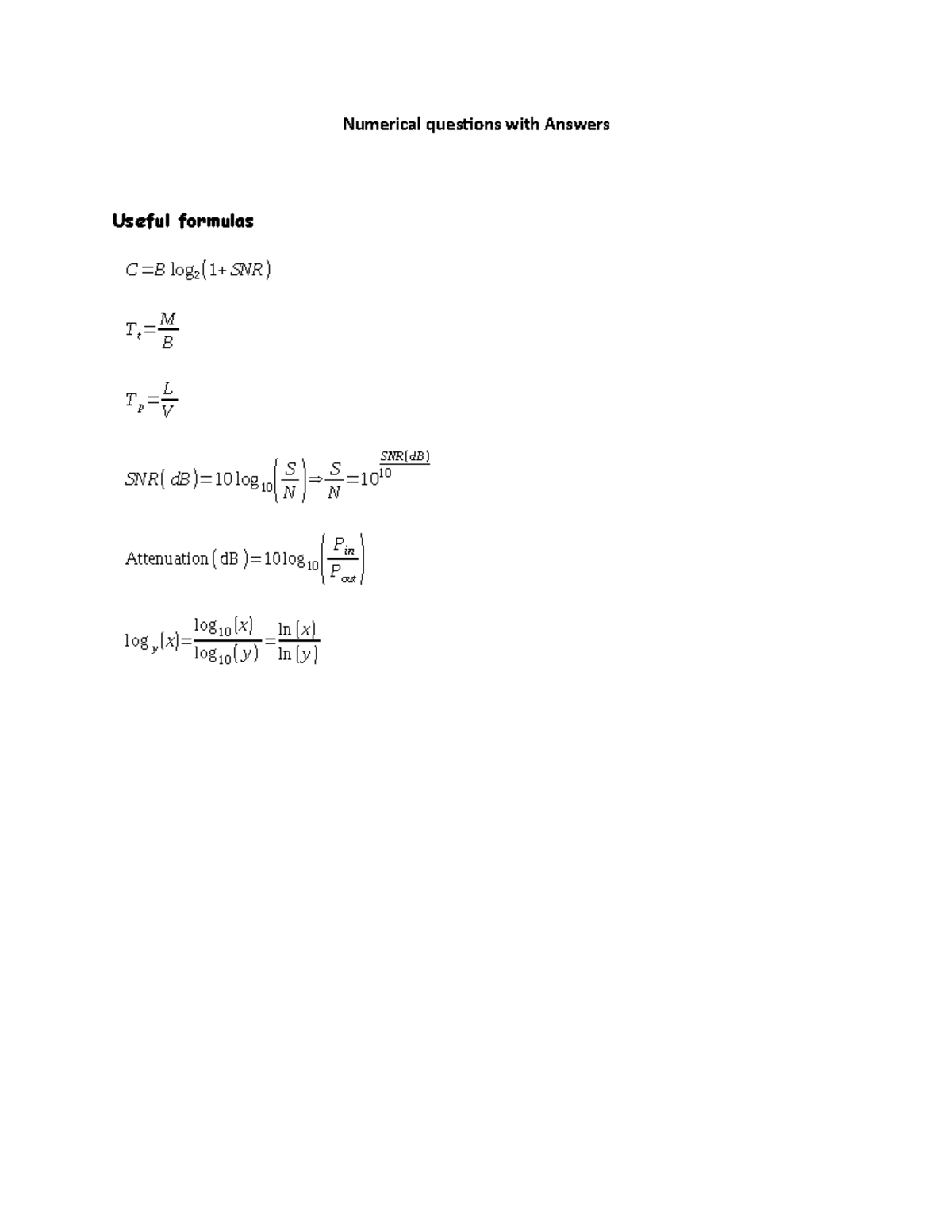 Problem answers - Numerical questions with Answers Useful formulas C ...