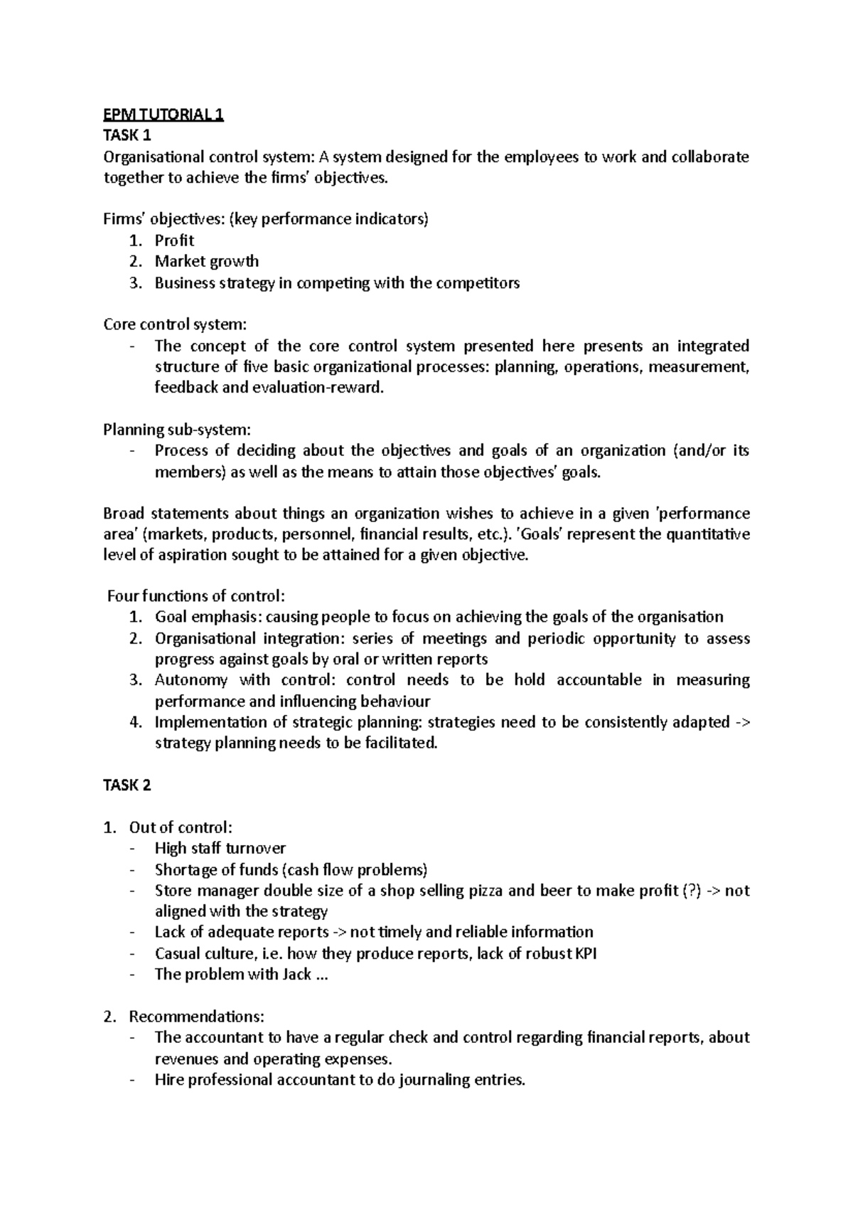 Epm Tutorial 1 Epm Tutorial 1 Task 1 Organisational Control System A