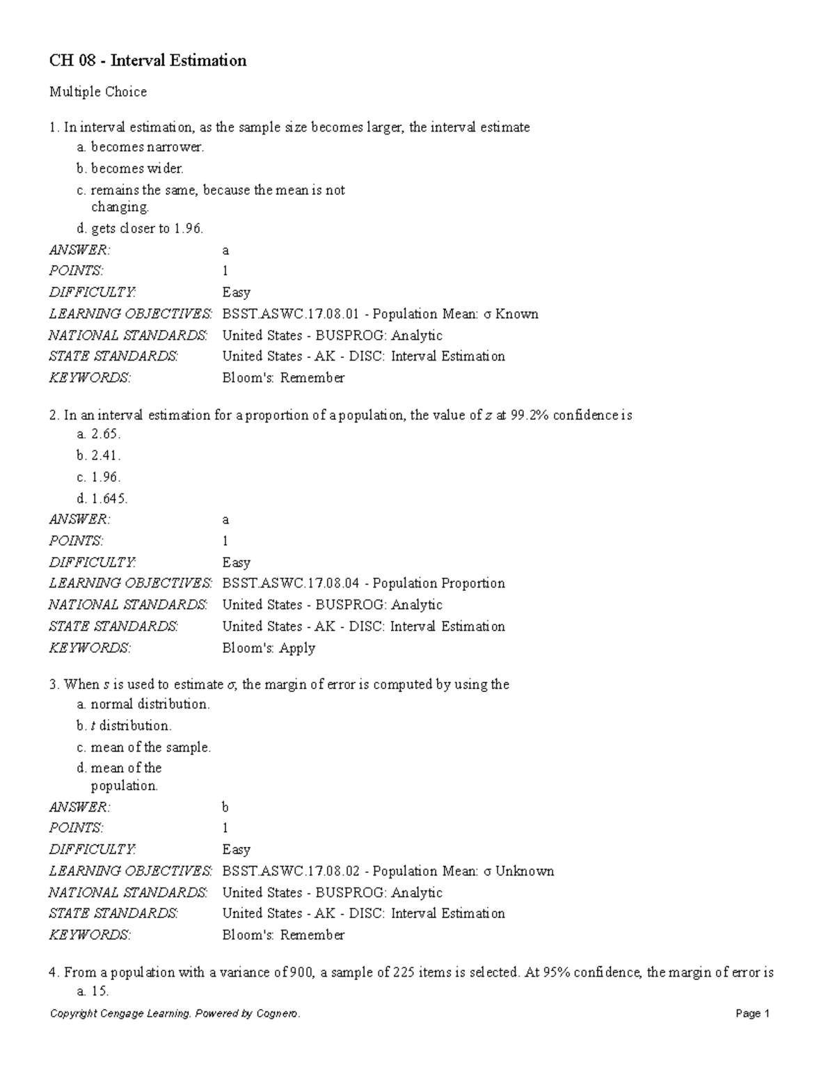 CH 08 Interval Estimation - Multiple Choice In interval estimation, as ...