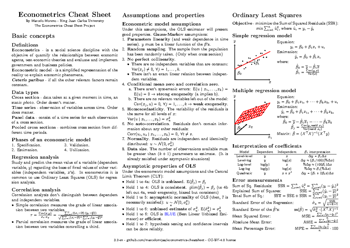 Econometrics-cheatsheet-en - Econometrics Cheat Sheet By Marcelo Moreno - King Juan Carlos - Studocu