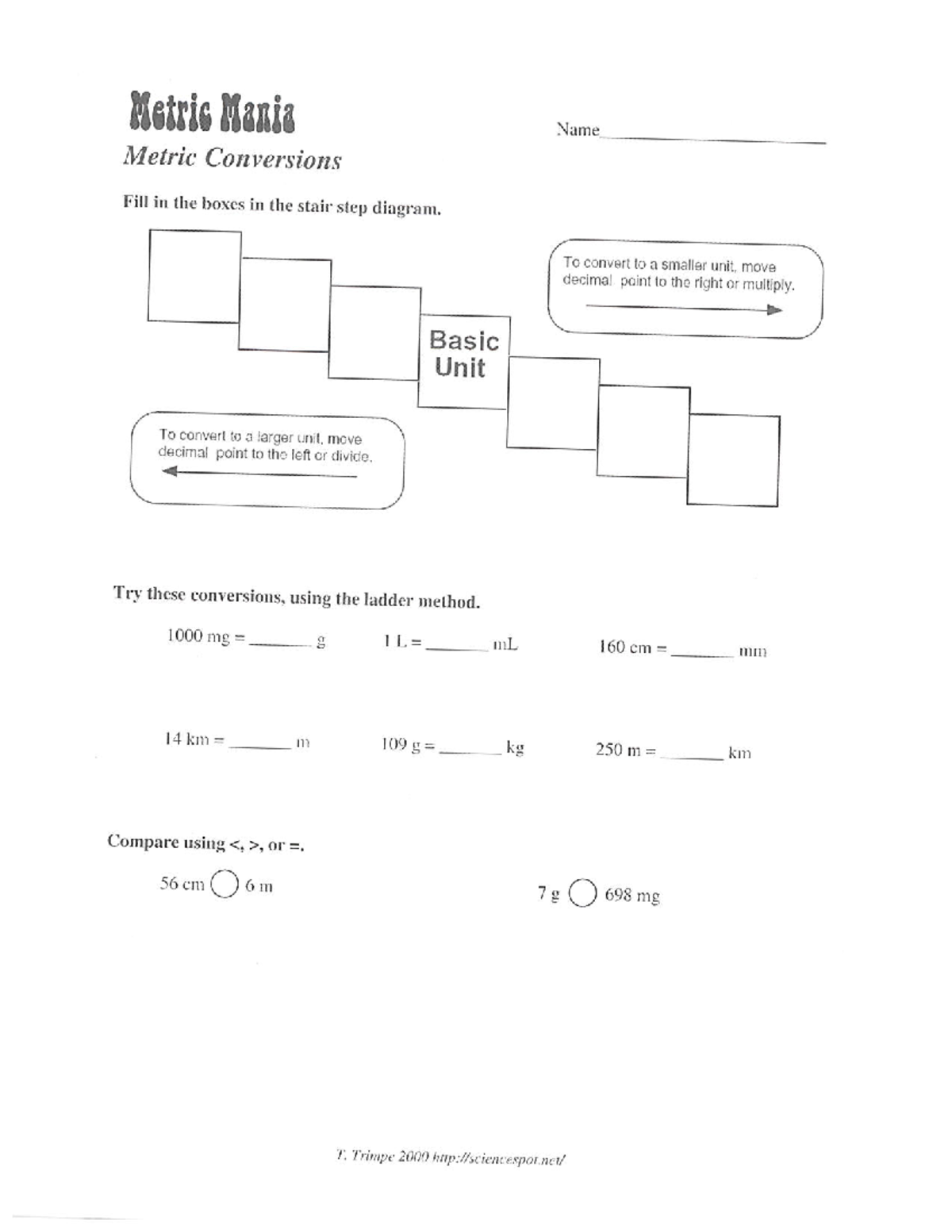Metric Mania Conversions - Metric Mania Name Metric Conversions Fill in ...
