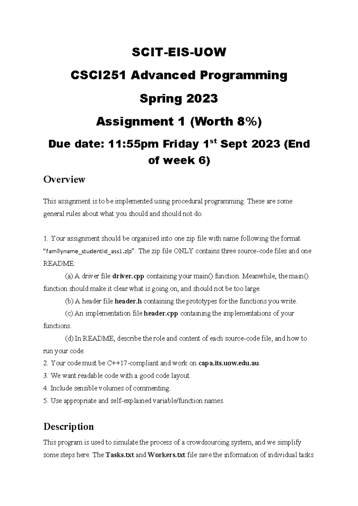 Specification - SCIT-EIS-UOW CSCI251 Advanced Programming Spring 2023 Assignment 1 (Worth 8% ...