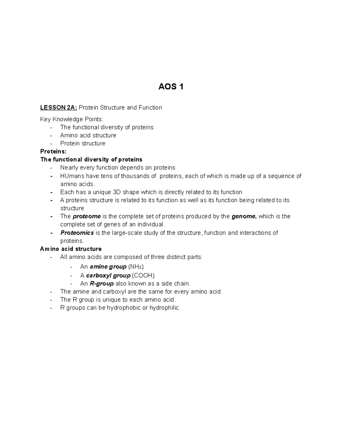 Biology Notes 2022 - AOS 1 LESSON 2A: Protein Structure and Function ...
