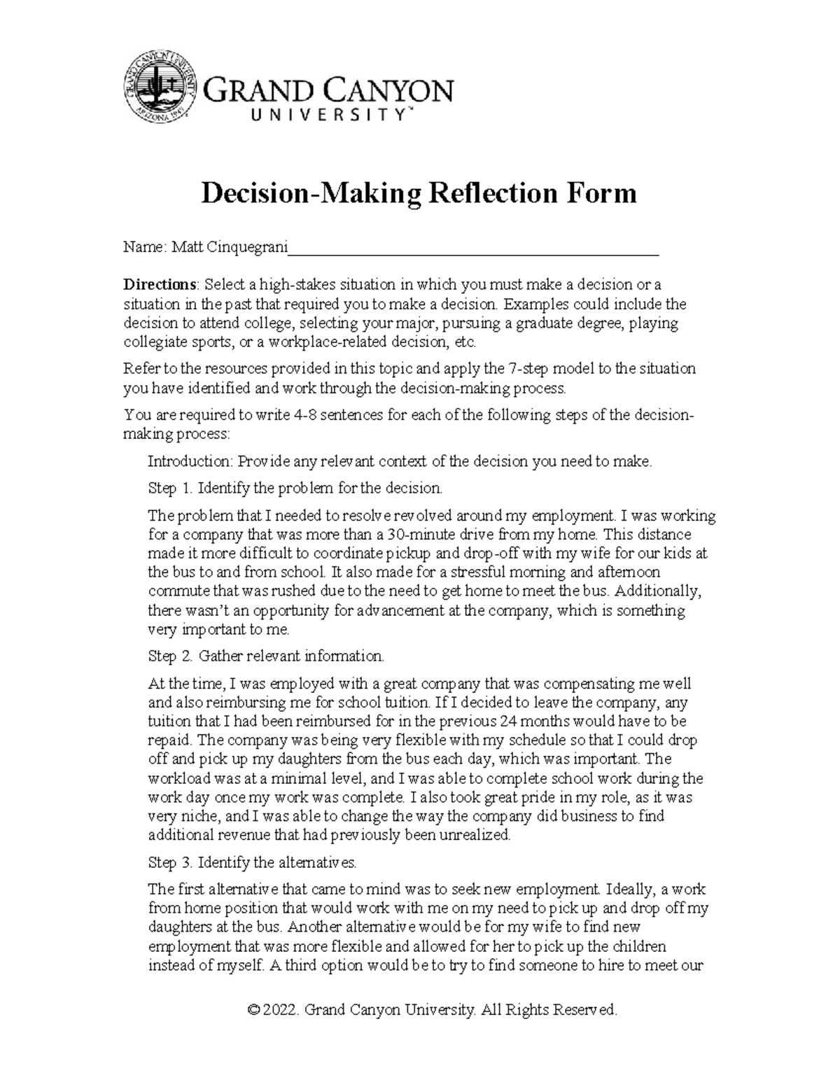LDR 462 RS Decision Making Reflection Form - Decision-Making Reflection ...