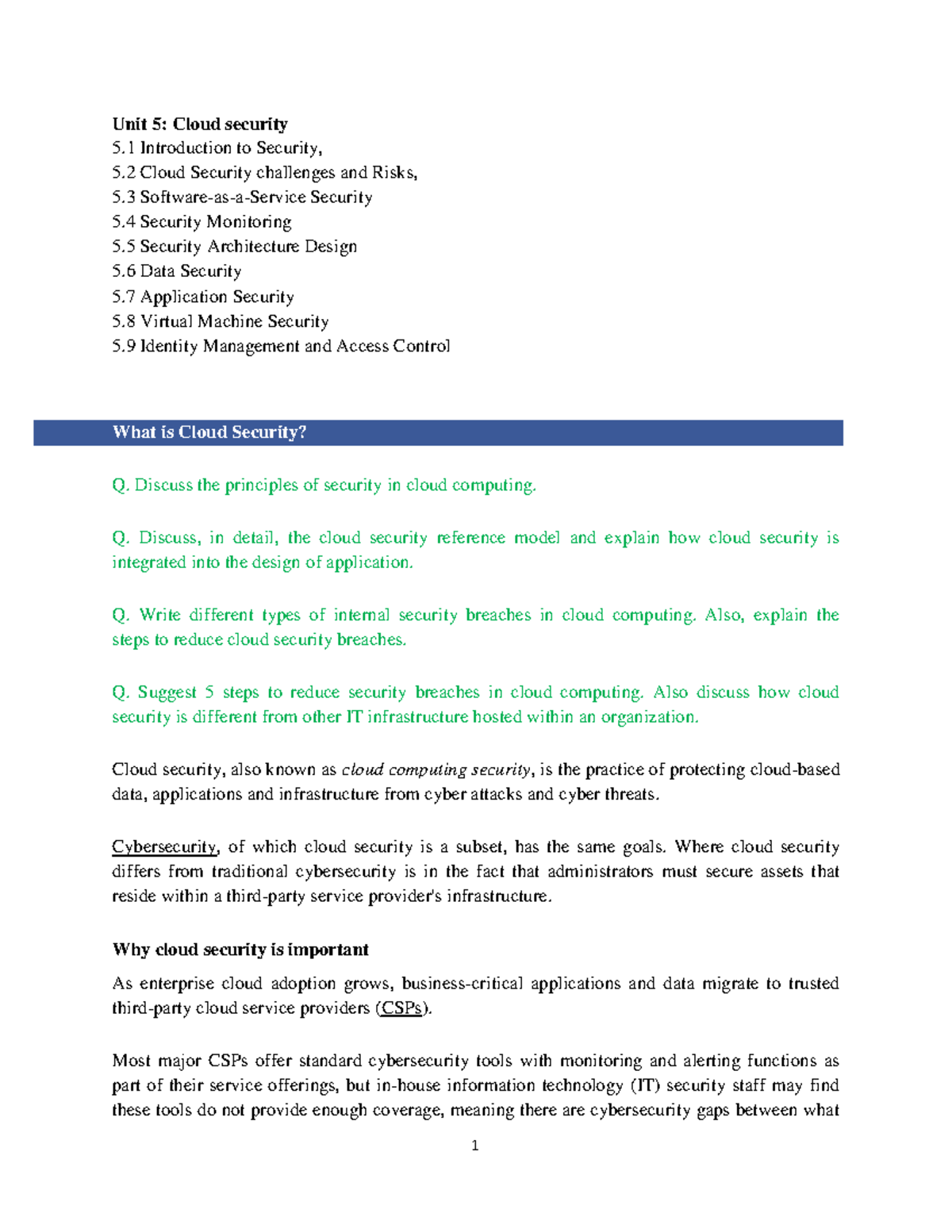 CC Unit-5, Cloud Security - Unit 5: Cloud security 5 Introduction to Security, 5 Cloud Security ...
