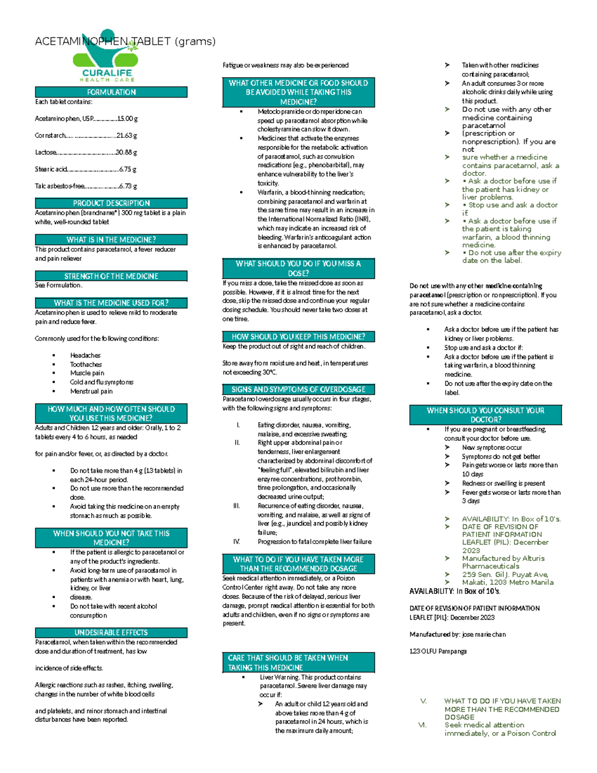 Acetaminophen leaflet - ACETAMINOPHEN TABLET (grams) FORMULATION Each ...