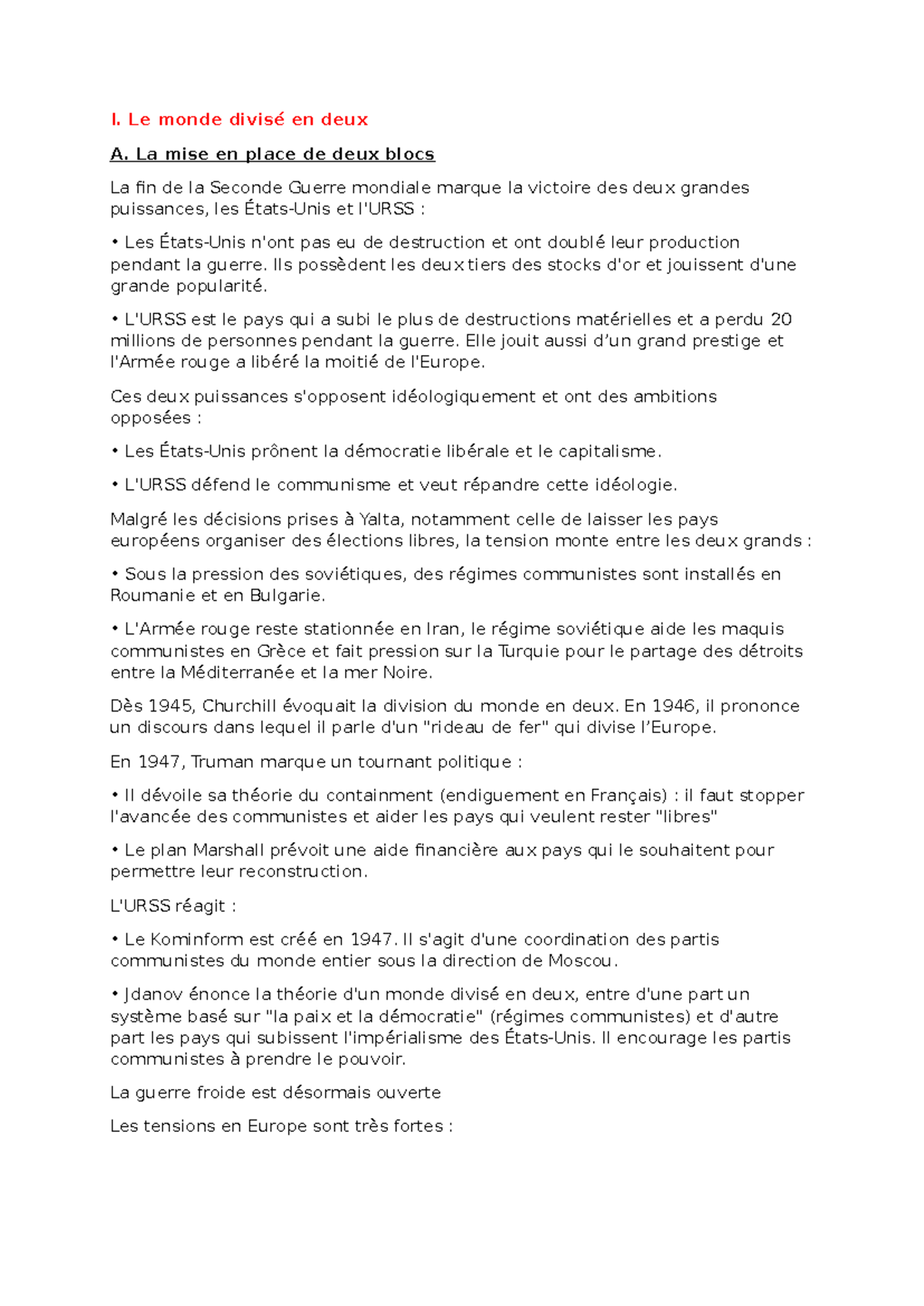 Cours Guerre froide - I. Le monde divisé en deux A. La mise en place de ...