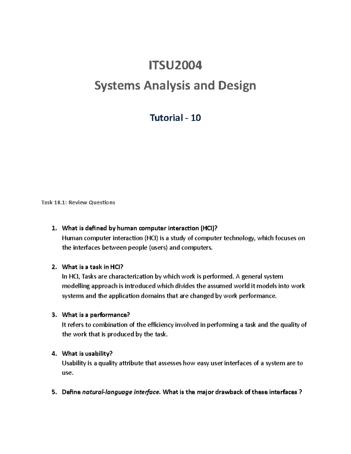 Week 10 Tutorial - ITSU Systems Analysis and Design Tutorial - 10 Task ...
