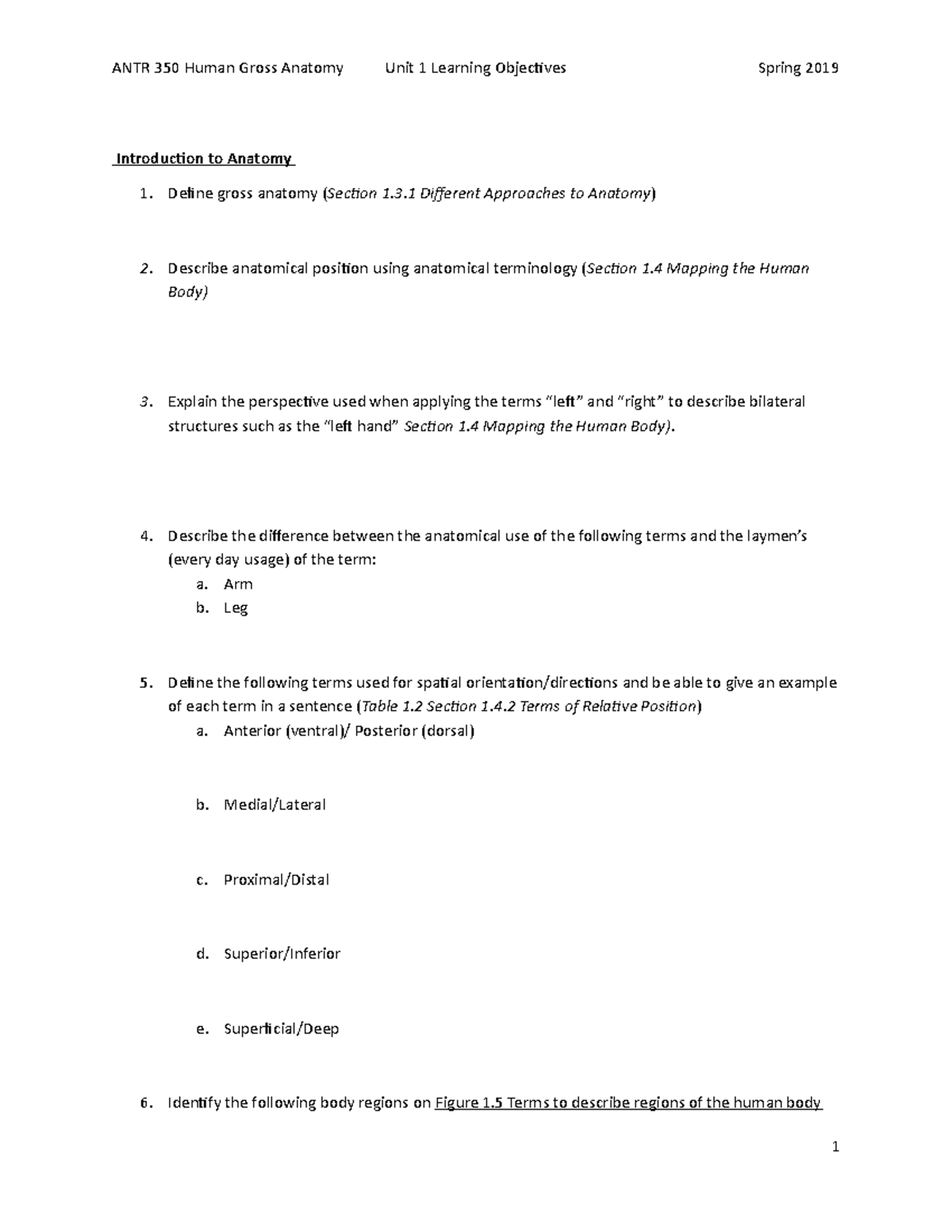 Unit 1 Learning Objectives S19 - Introduction to Anatomy Define gross ...
