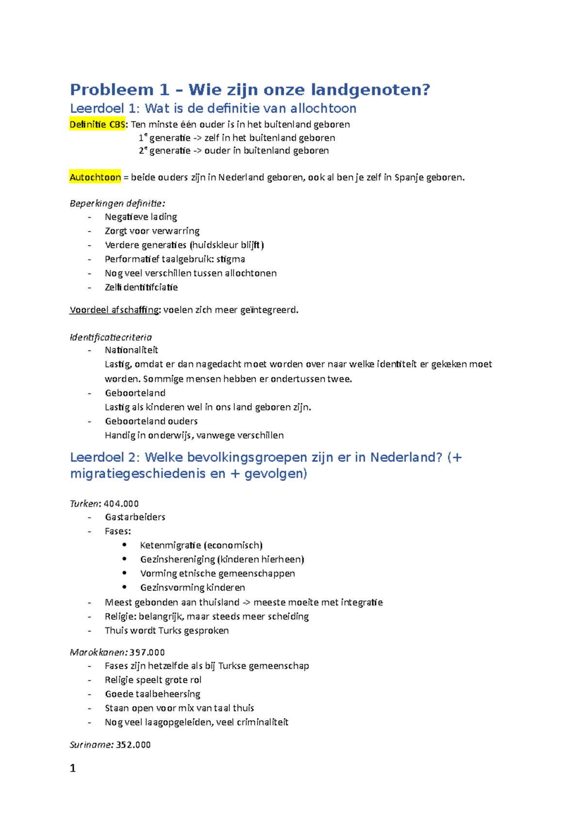 Samenvatting problemen - Probleem 1 – Wie zijn onze landgenoten? Leerdoel 1: Wat is de deinitie ...