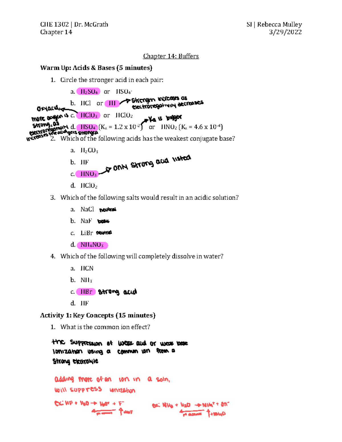 1302 Ch 14 SI - Problems covering topics in chapter 14 - Chapter 14 3/29/ Chapter 14: Buffers ...