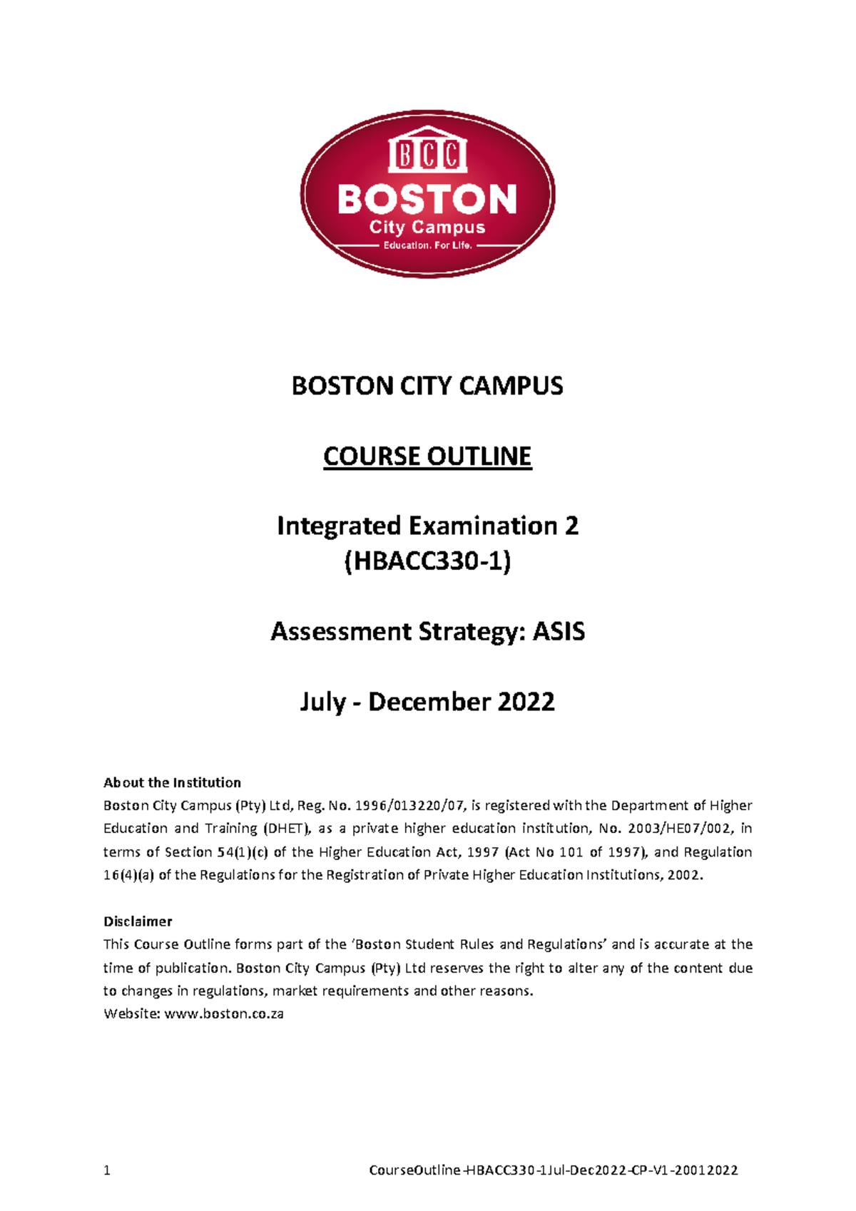 HBACC330-1-Course Outline-Jul-Dec2022-CW-V1-11072022 - BOSTON CITY ...