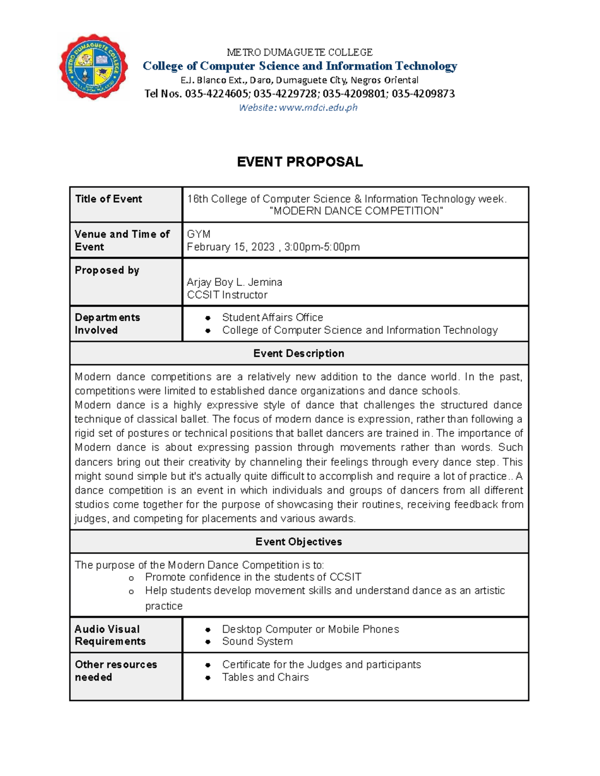 Modern Dance proposal - METRO DUMAGUETE COLLEGE College of Computer ...