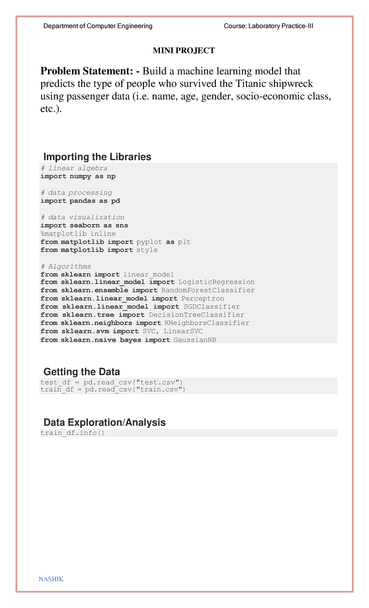 ML Mini Project (01) - MINI PROJECT Problem Statement: - Build a ...