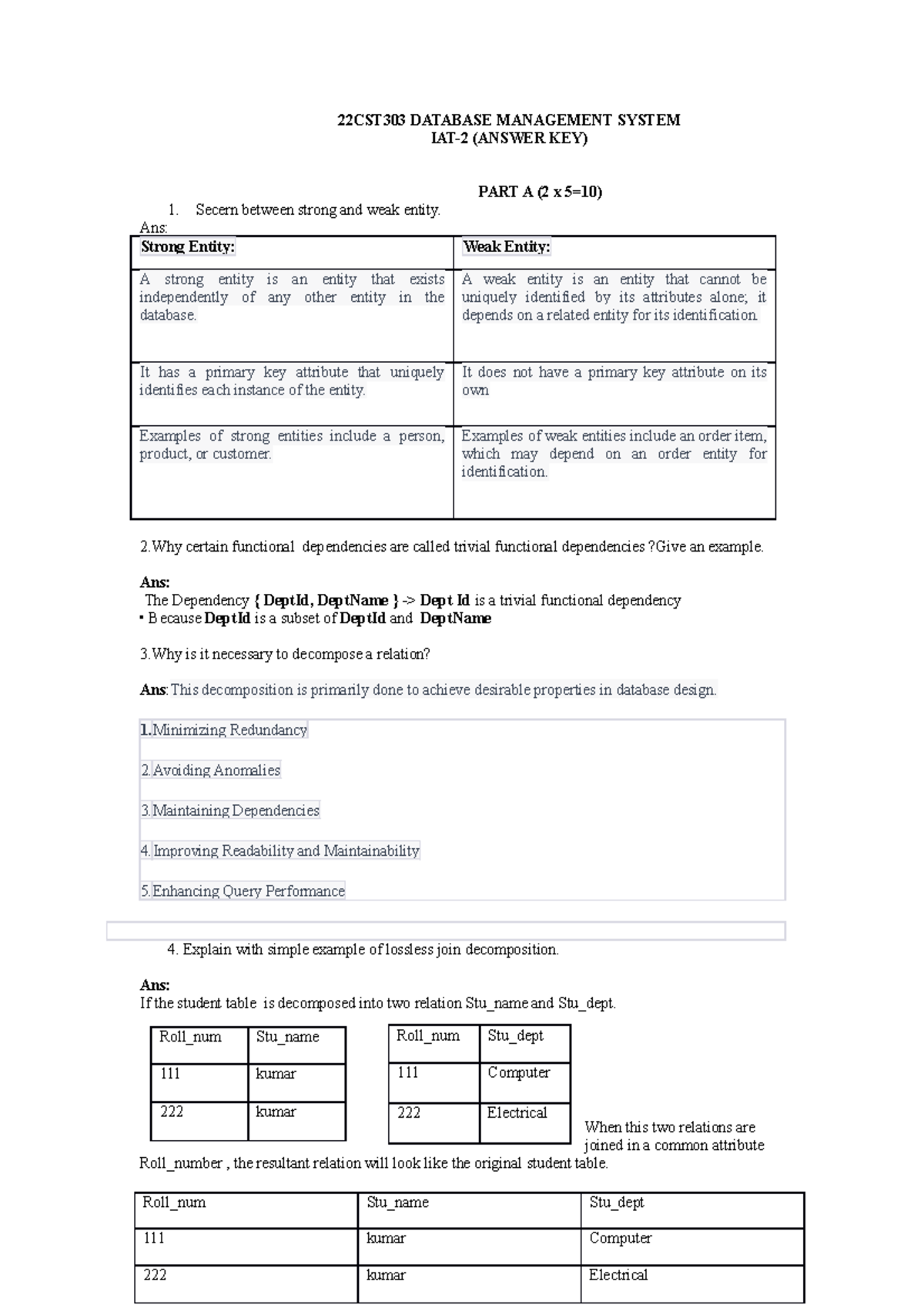 Answer key for DBMS (IAT 2) - 22CST303 DATABASE MANAGEMENT SYSTEM IAT-2 ...